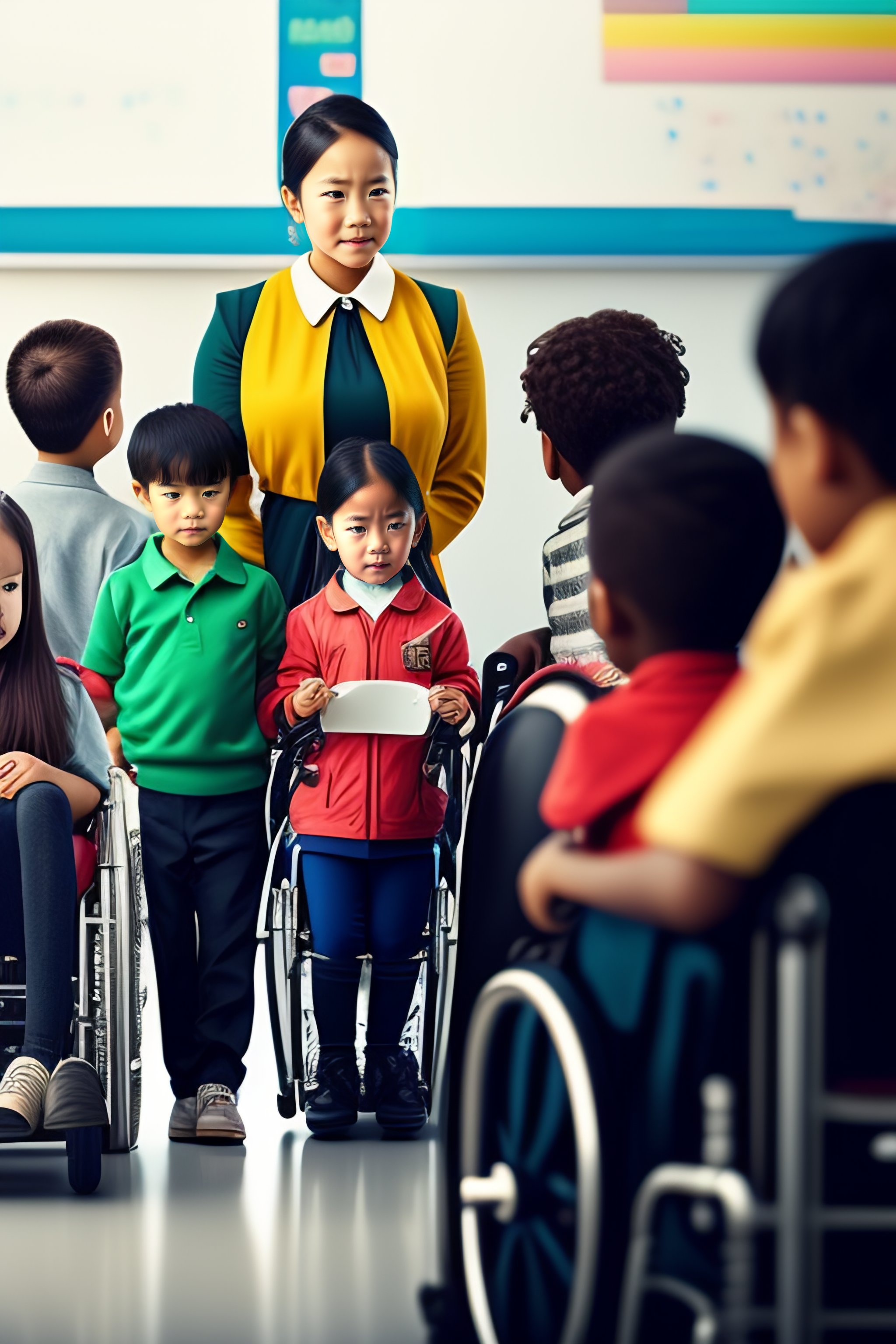 Lexica - Frustrated kindergarten girl in a wheel chair in her classroom ...