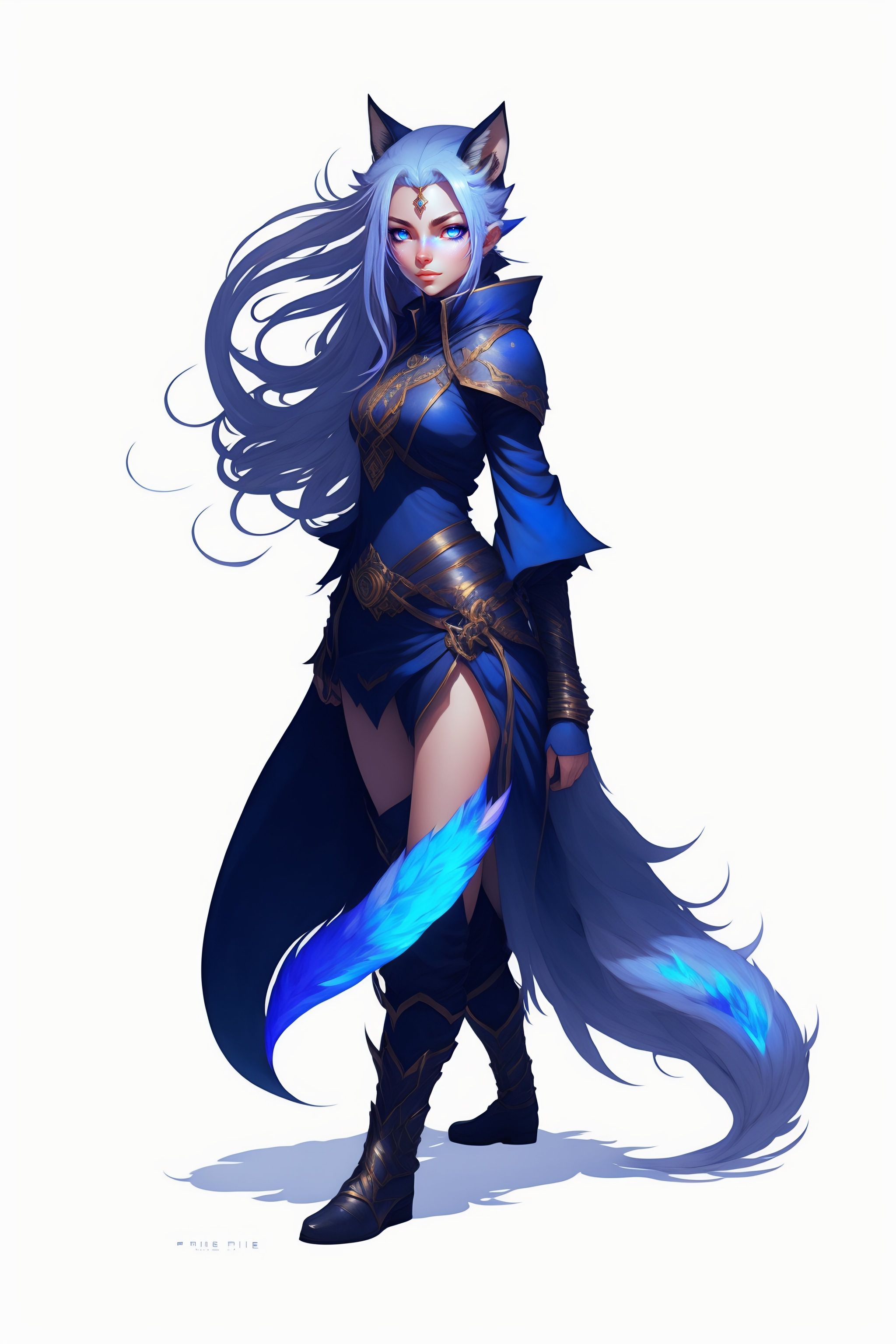 Lexica - Blue fire, silver hair, fox girl, mage, arm extended, holding ...