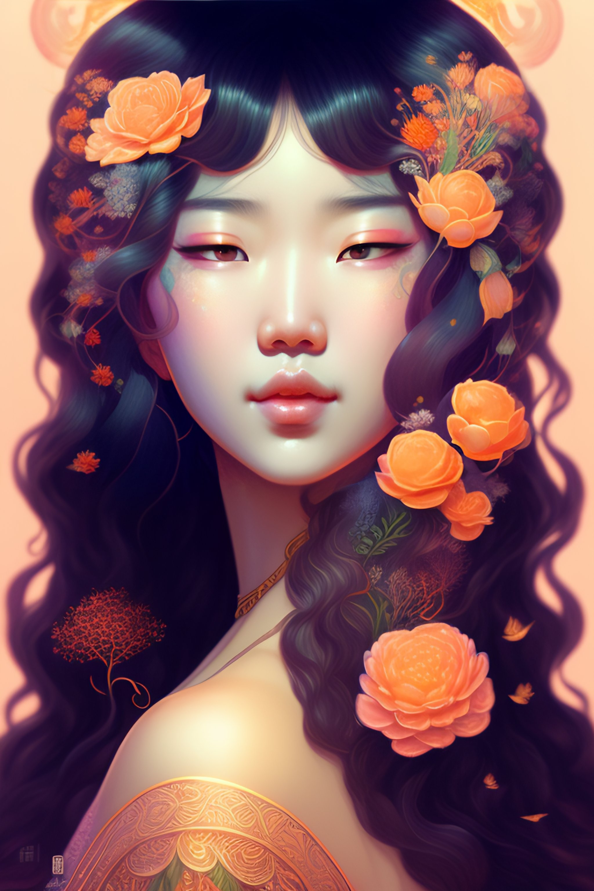Lexica - Beautiful cute front portrait Korean ninfa, big long curly ...