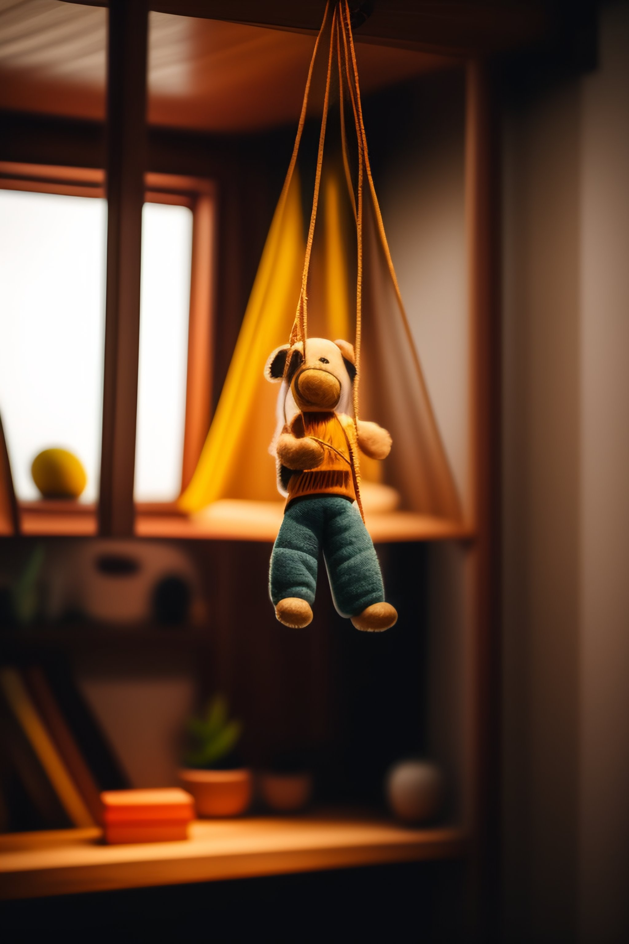 Lexica - A puppet suspended from the ceiling made of wood