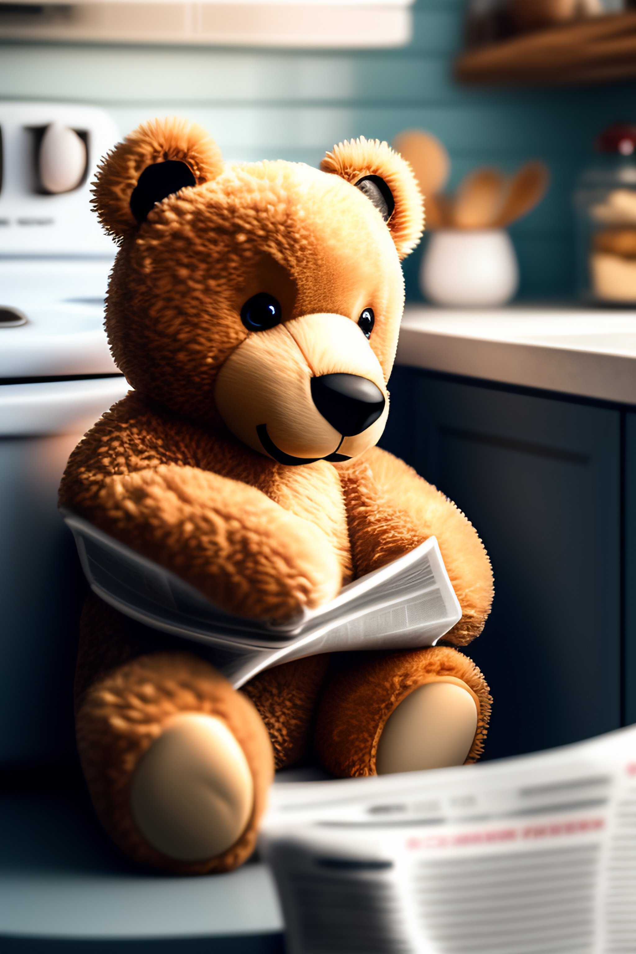 Lexica - Cute teddy bear reading newspaper in the kitchen