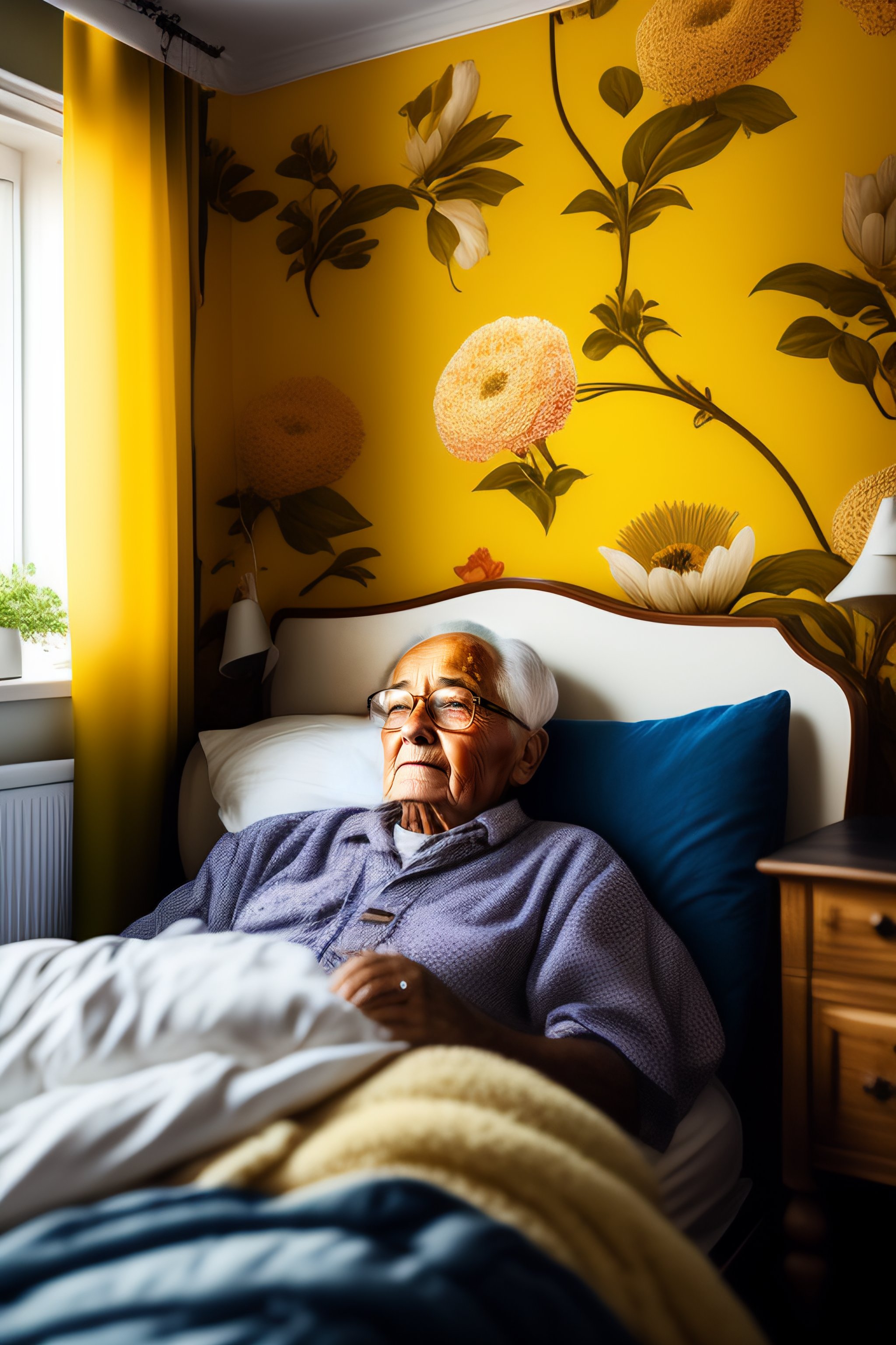 Lexica - A dying old man in bed with an IV drip an elderly nurse yellow ...