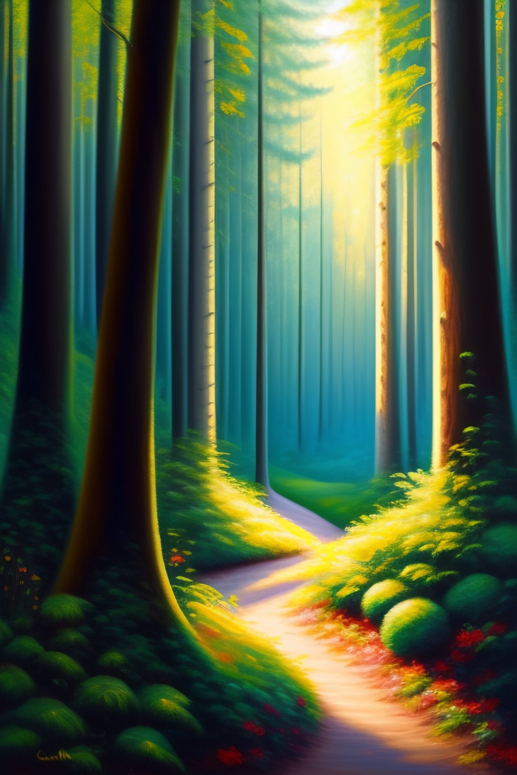 Lexica - Forest garden, chessboard path, oil painting