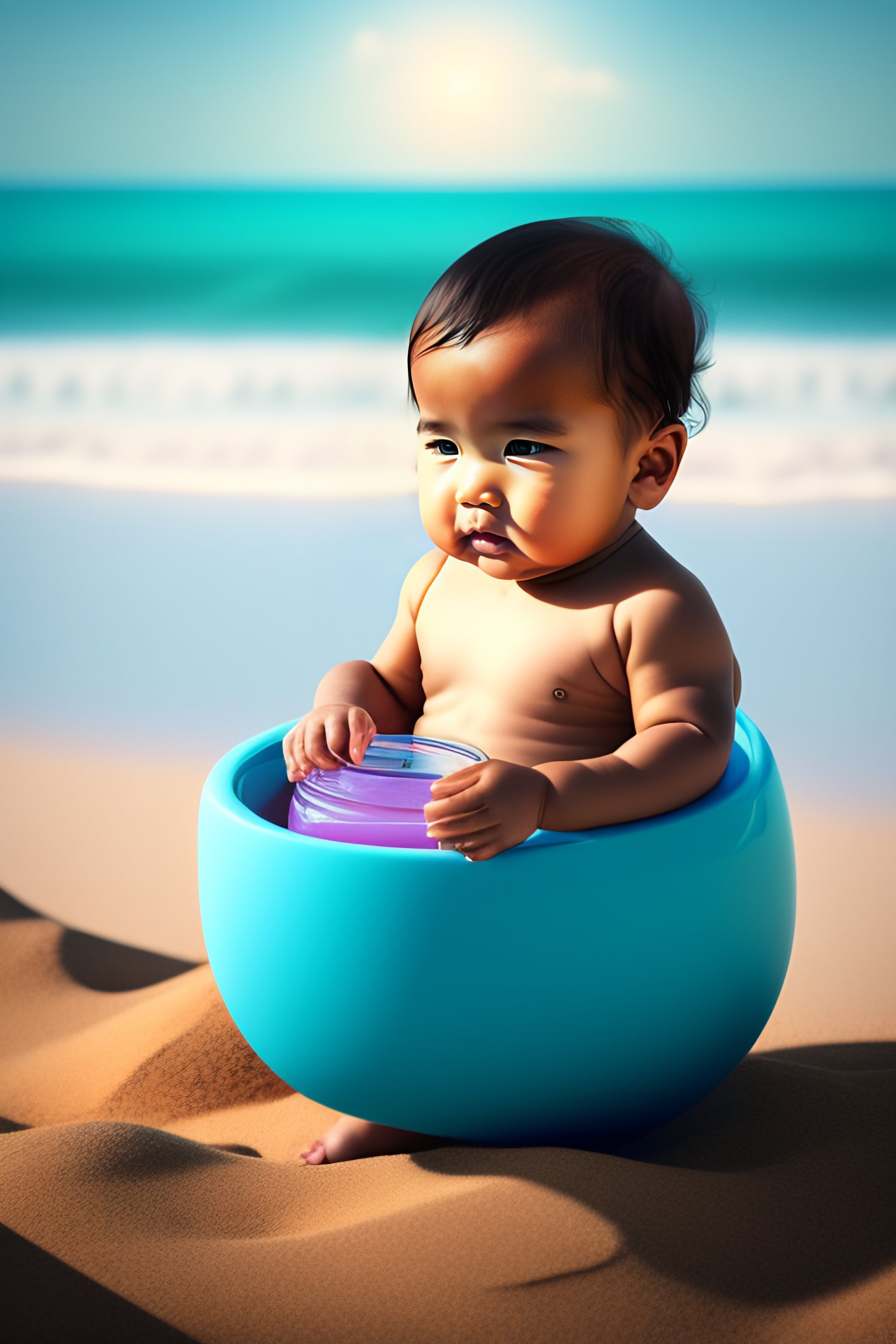 Lexica - Cute baby realistic seating on a beach drinking coconut water 8k