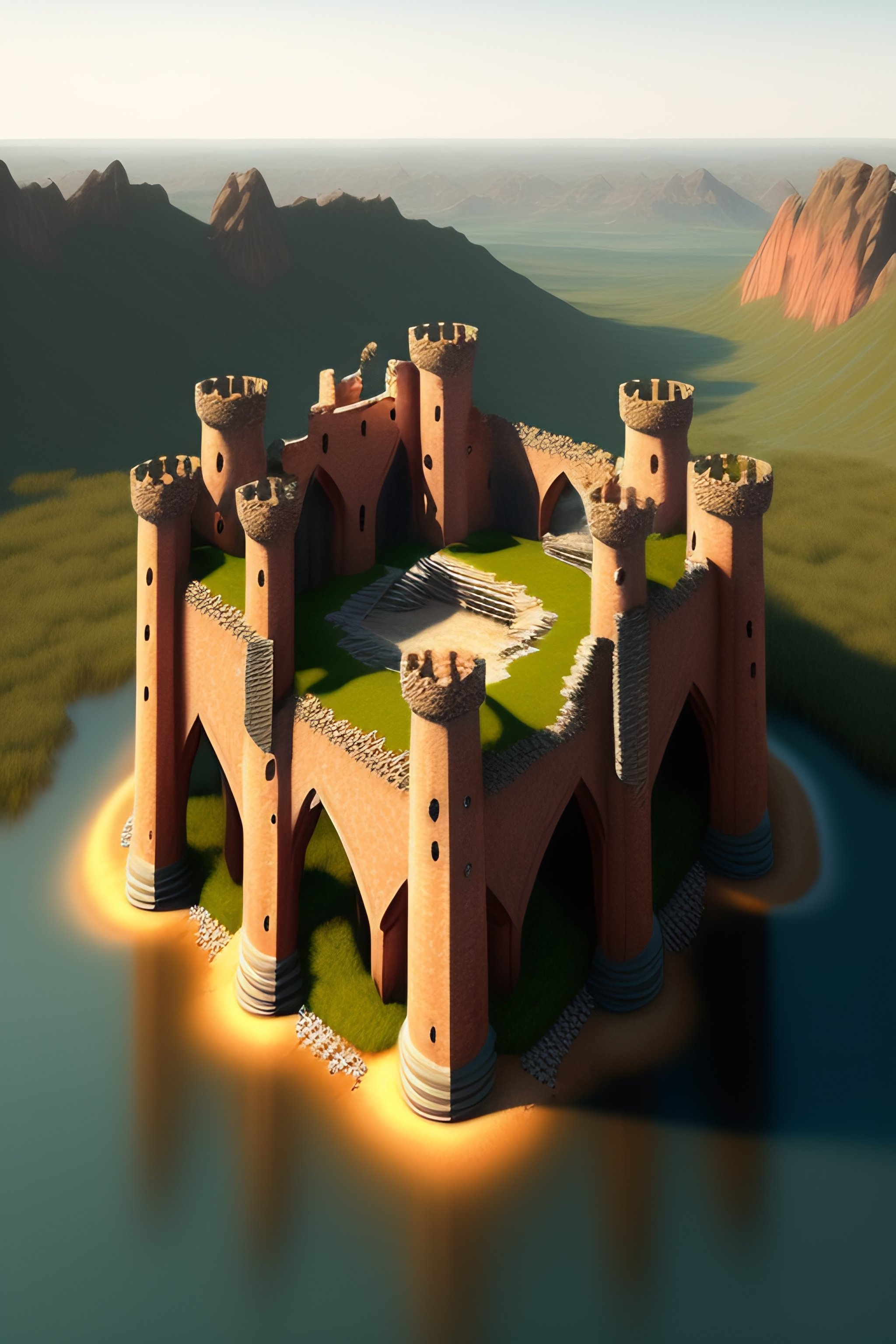 Lexica - Isometric view of a castle made of rocks in Mercury, ruins