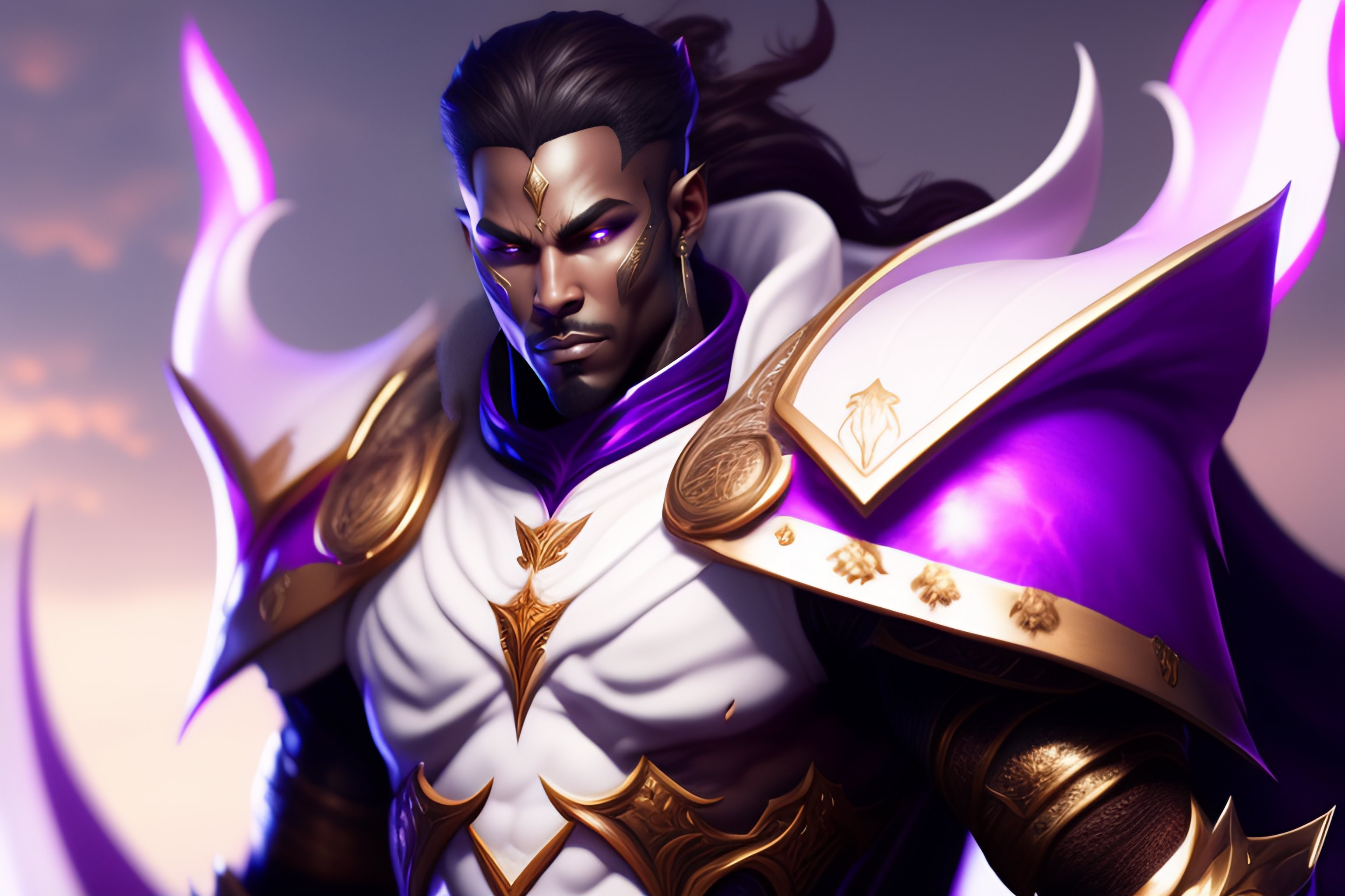 Lexica - Man male demon, full body white purple cloak, purple armor ...