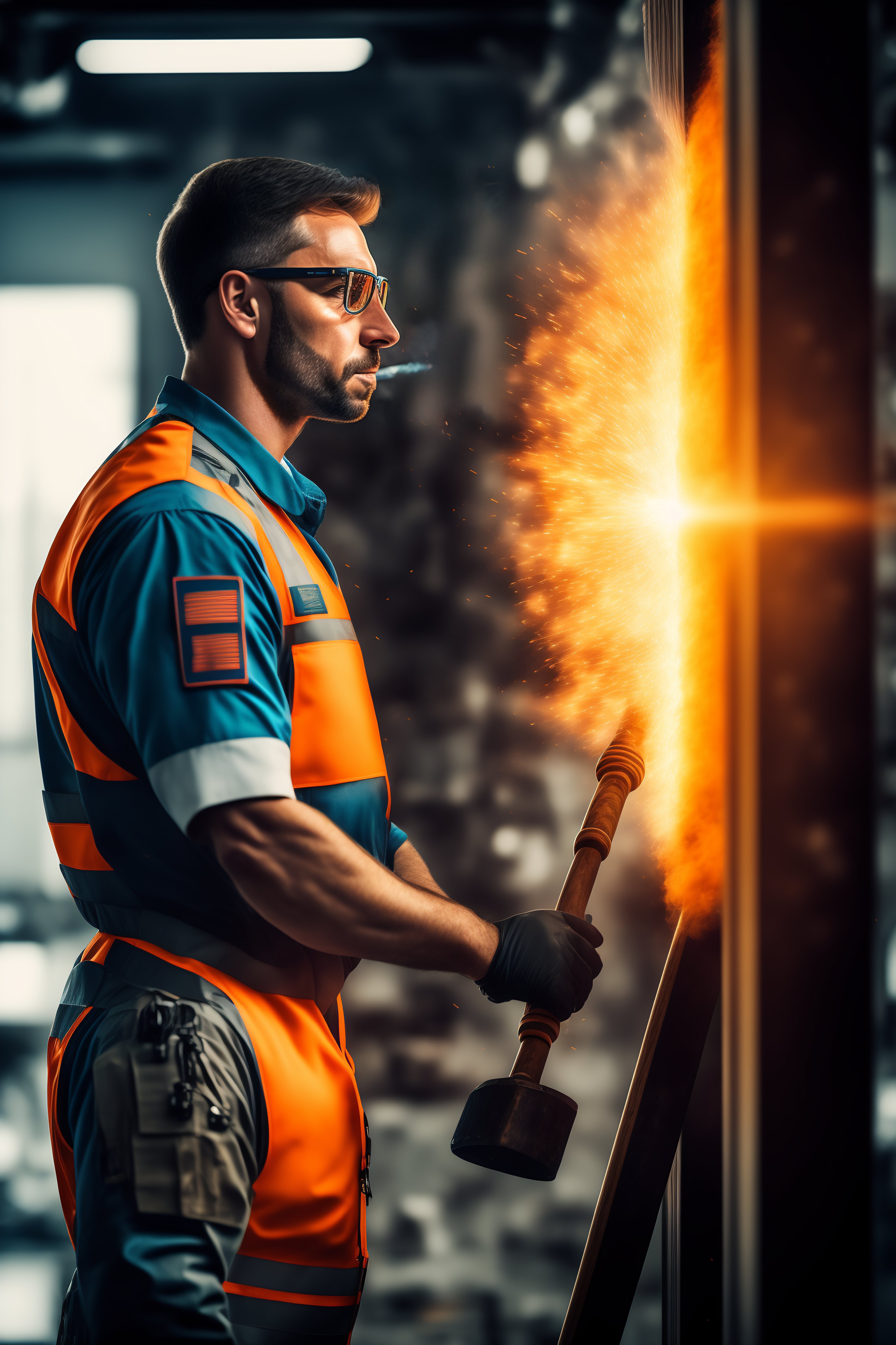 Lexica - Portrait of Engineer working with hammer, Showing the impact ...