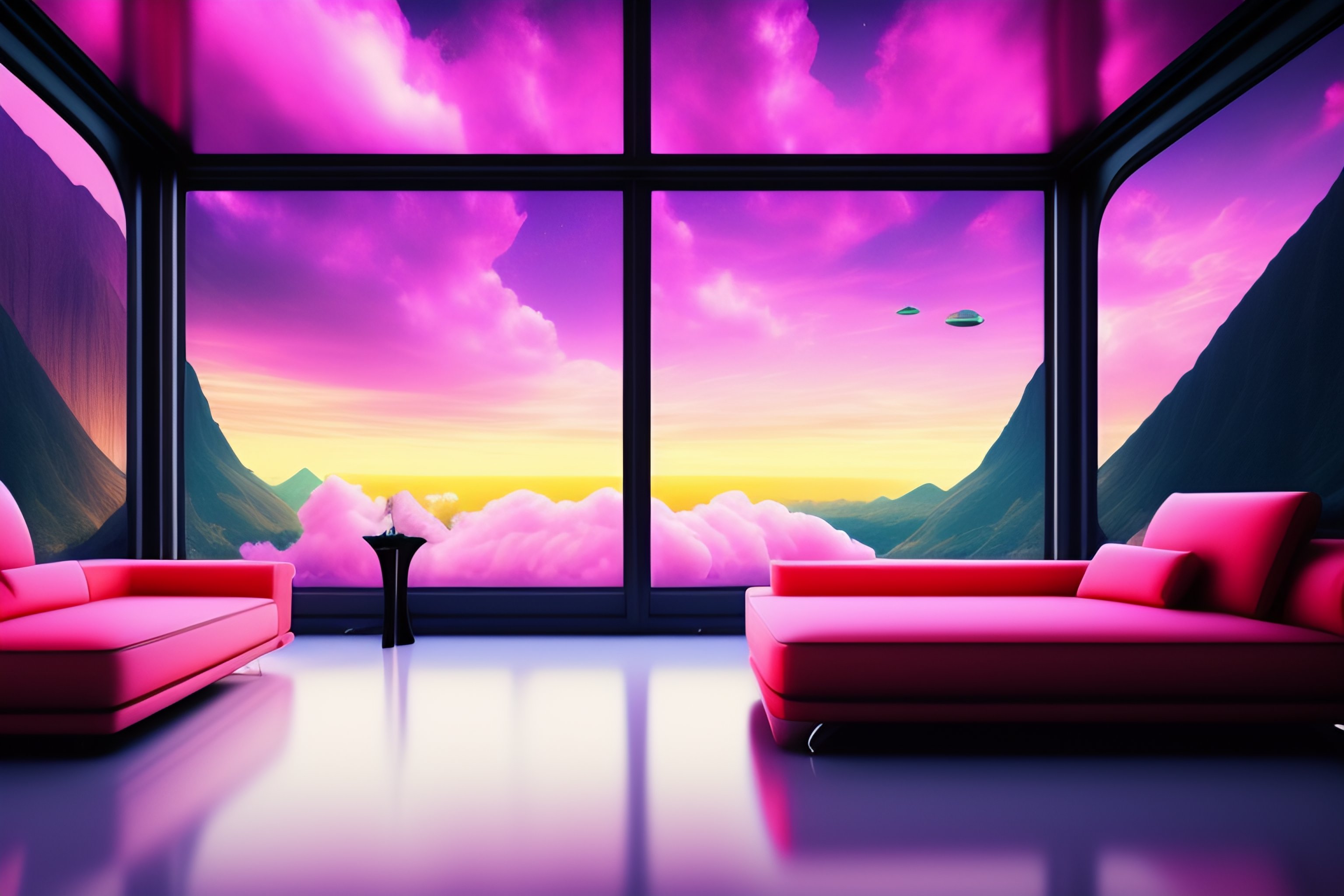 Lexica - Big room sofa skyline window coffeeshop space city pink clouds ...