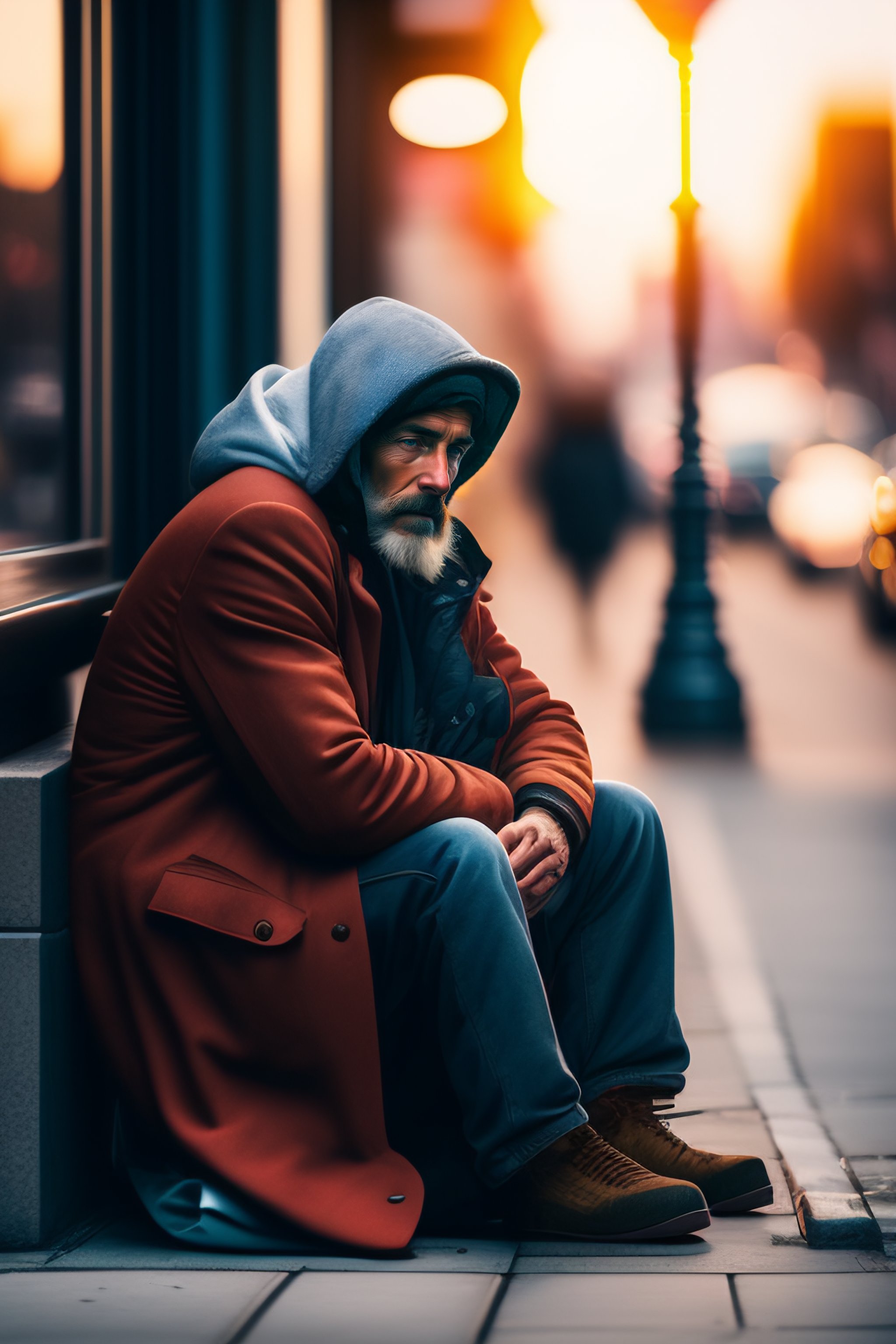 Lexica - Homeless person sitting on the street that looks like superman ...