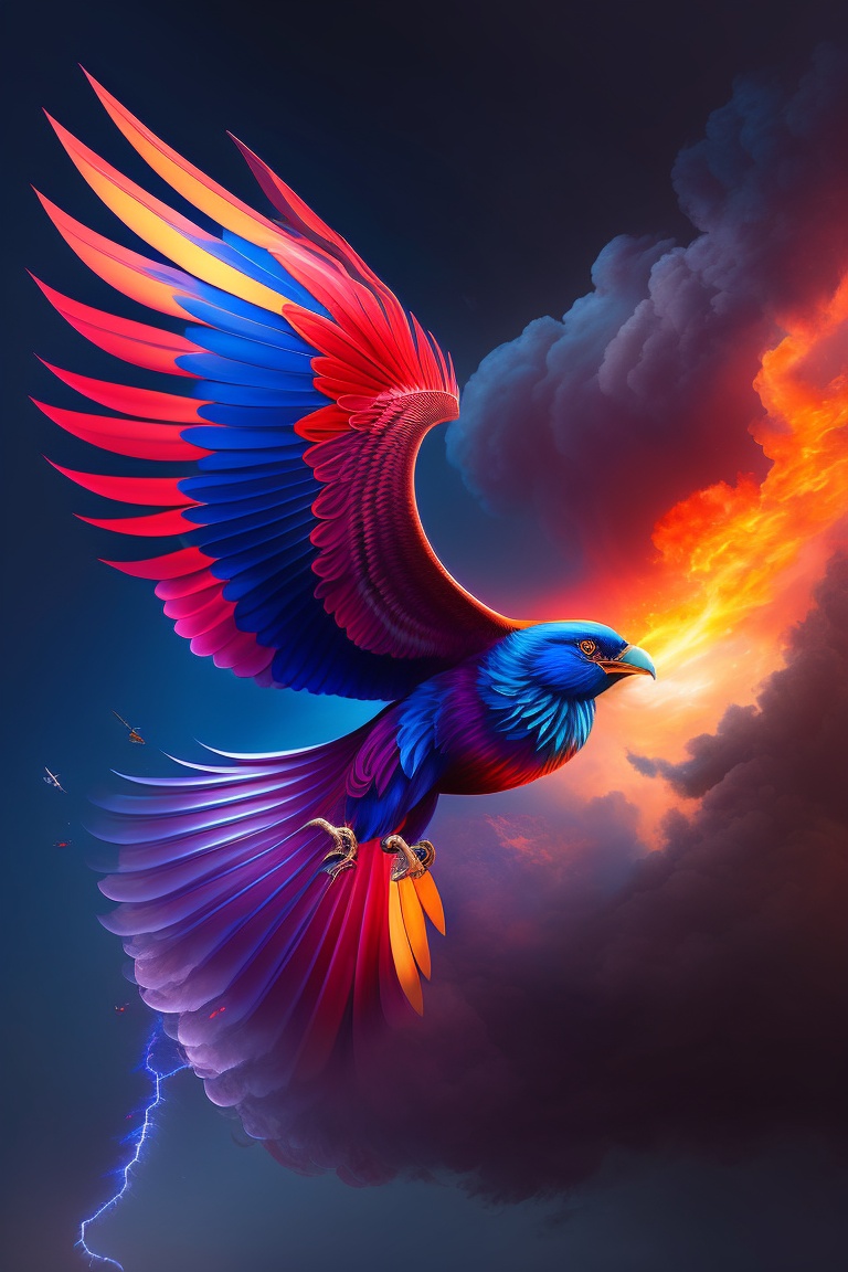 Lexica - A majestic blue and red phoenix flying though the sky with ...