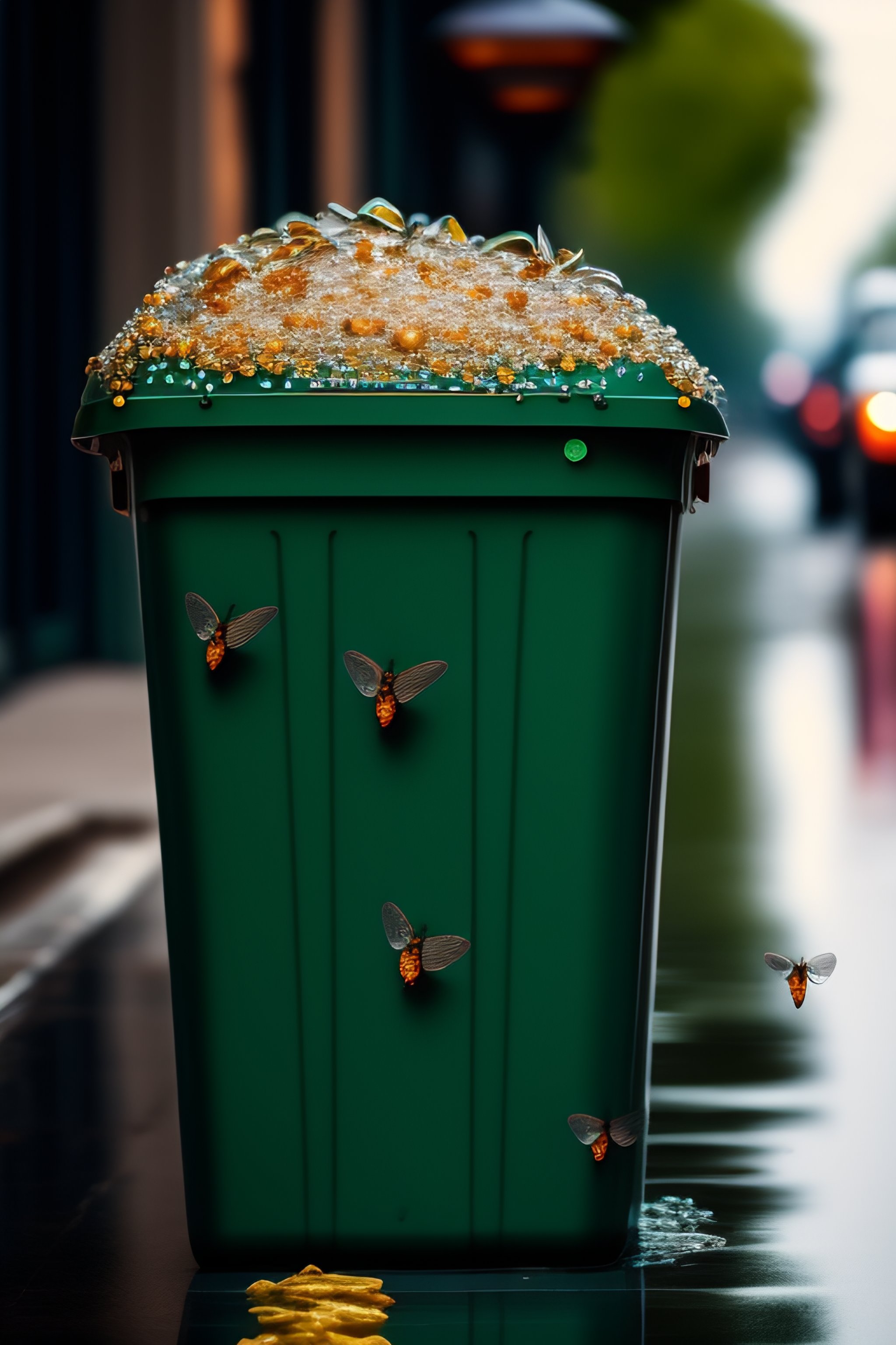 Lexica - A photograph of an overflowing garbage can with flies on a ...
