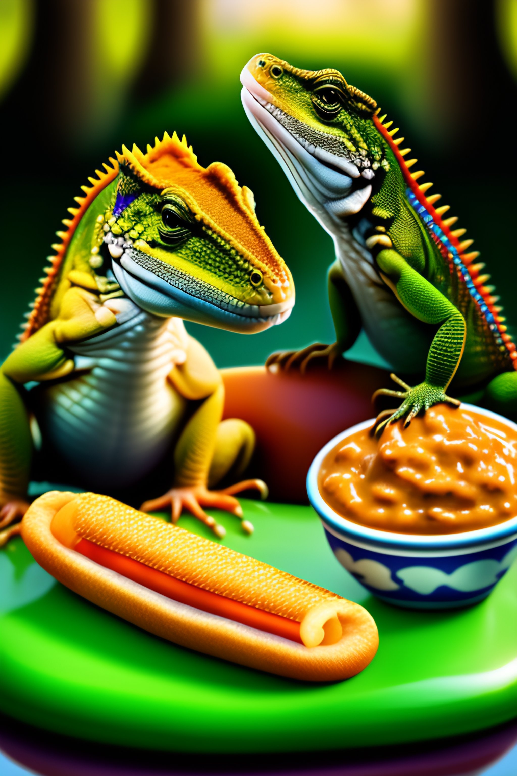 Lexica - Lizards eating hotdogs with mustard at the picnic