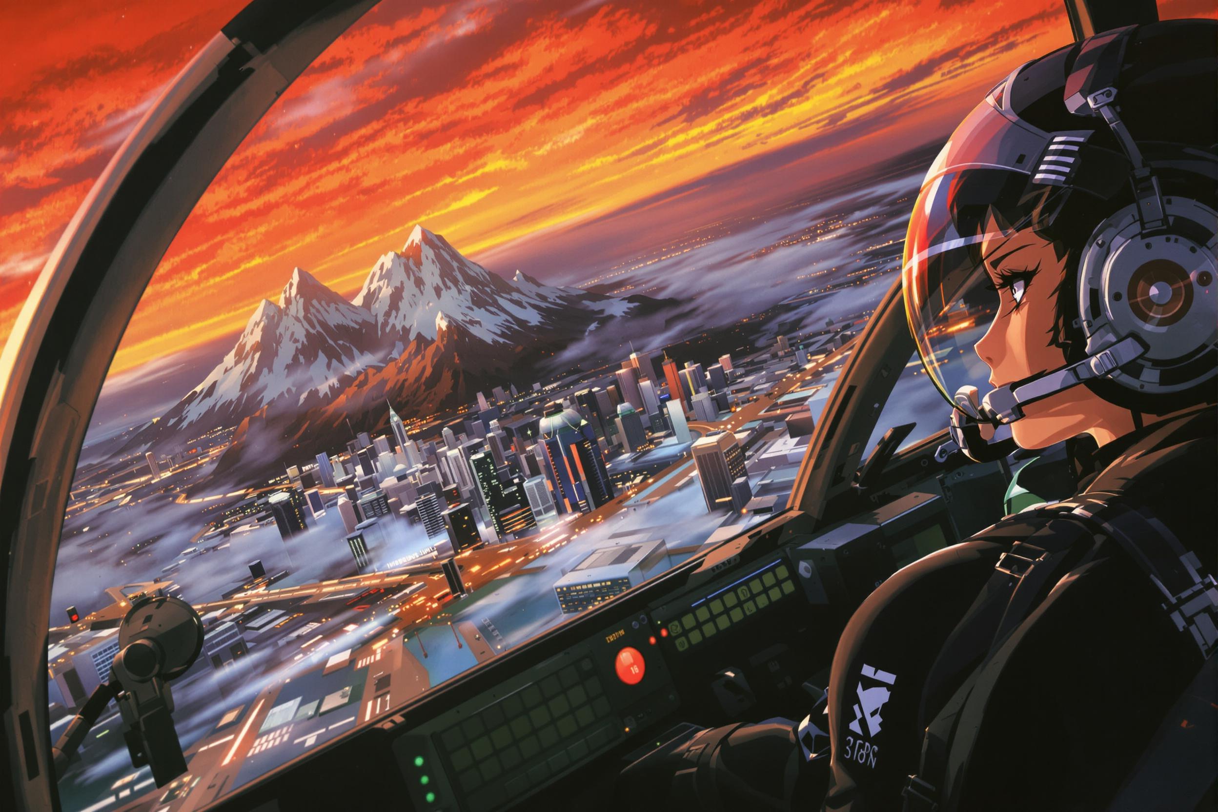 Lexica - 90's anime screenshot of piloting a jet plane, she has a black ...