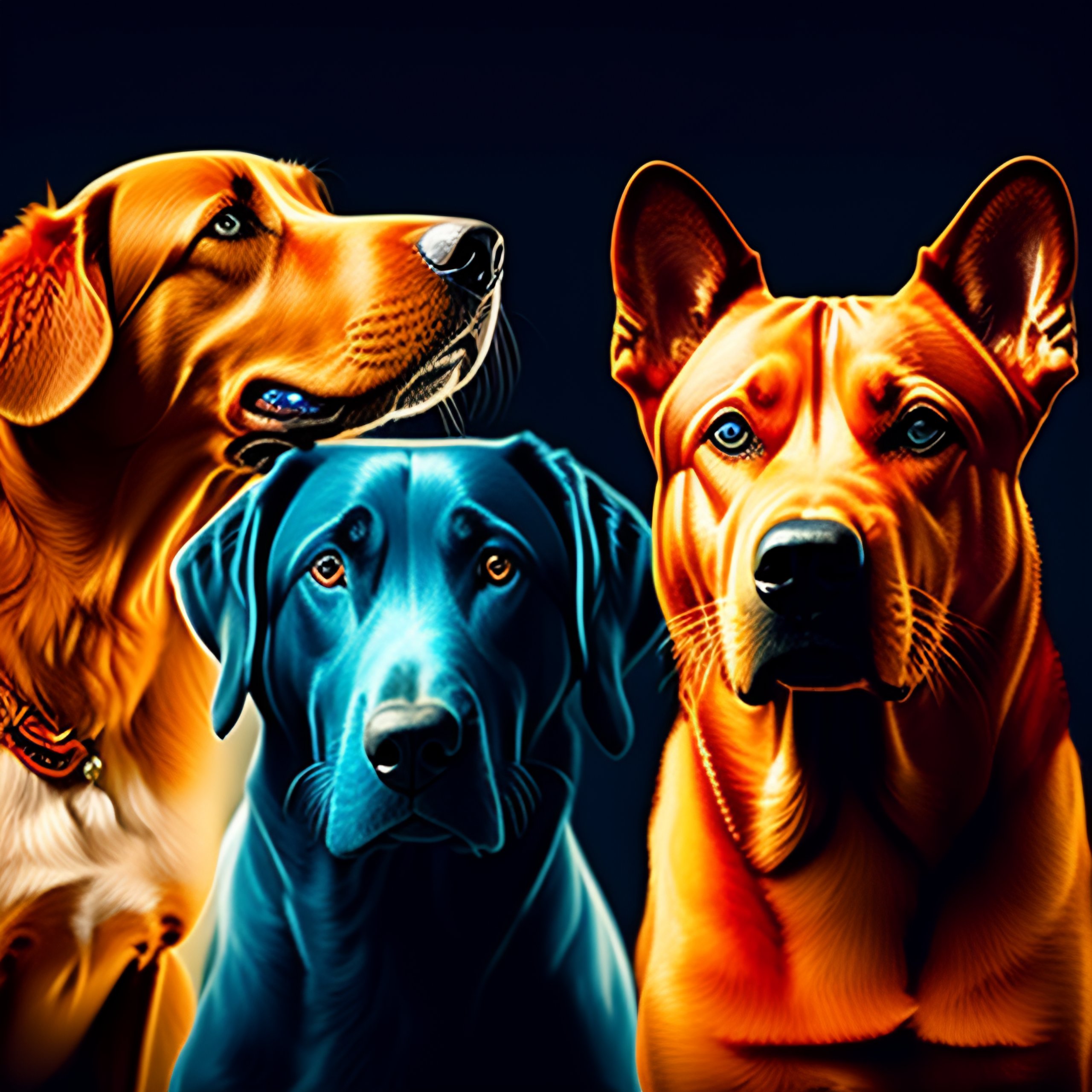 Lexica - A line up of an red dog, an yellow dog and a blue dog
