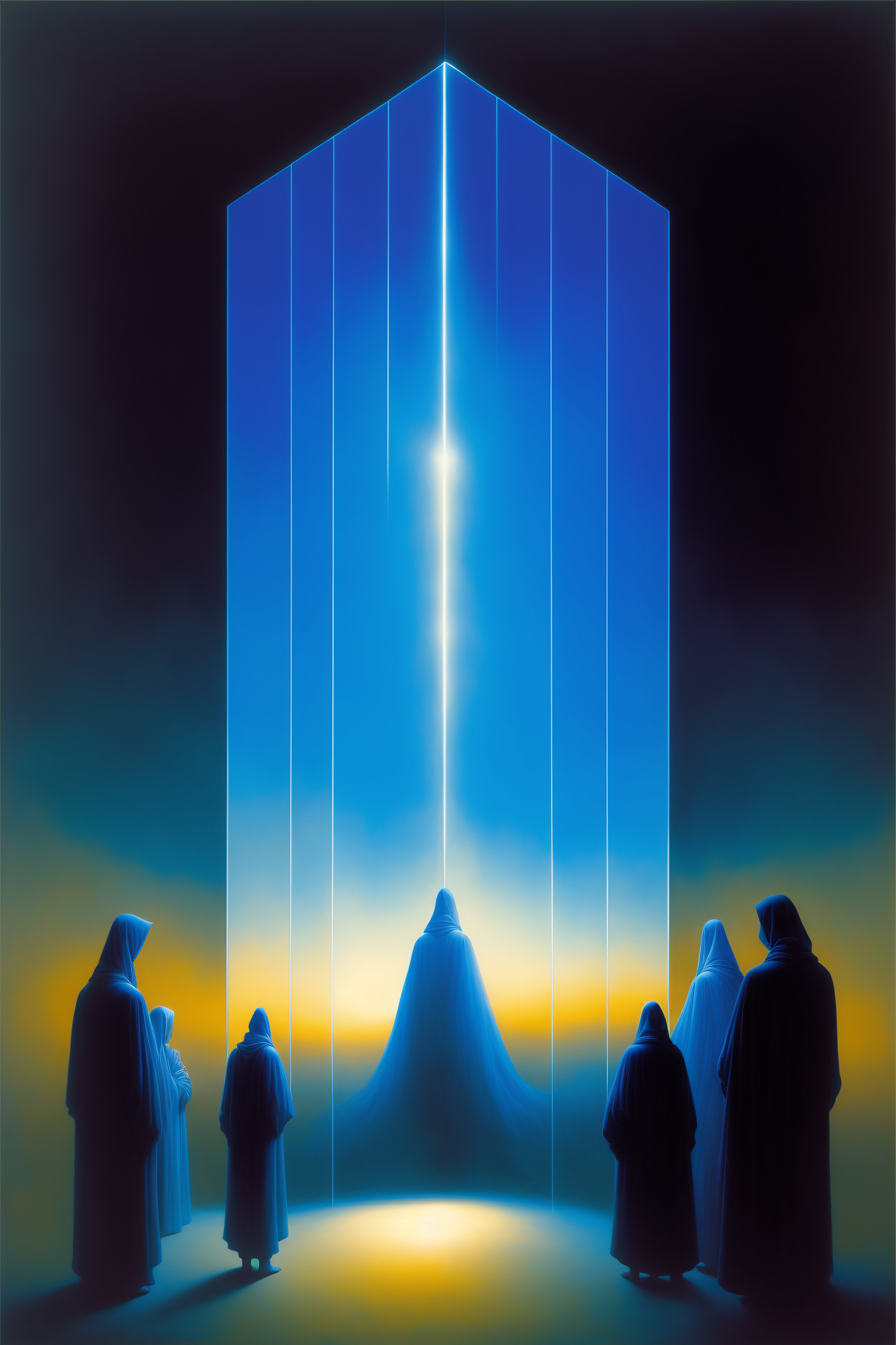 Lexica - Worshippers in robes huddled around a very complex gigantic ...