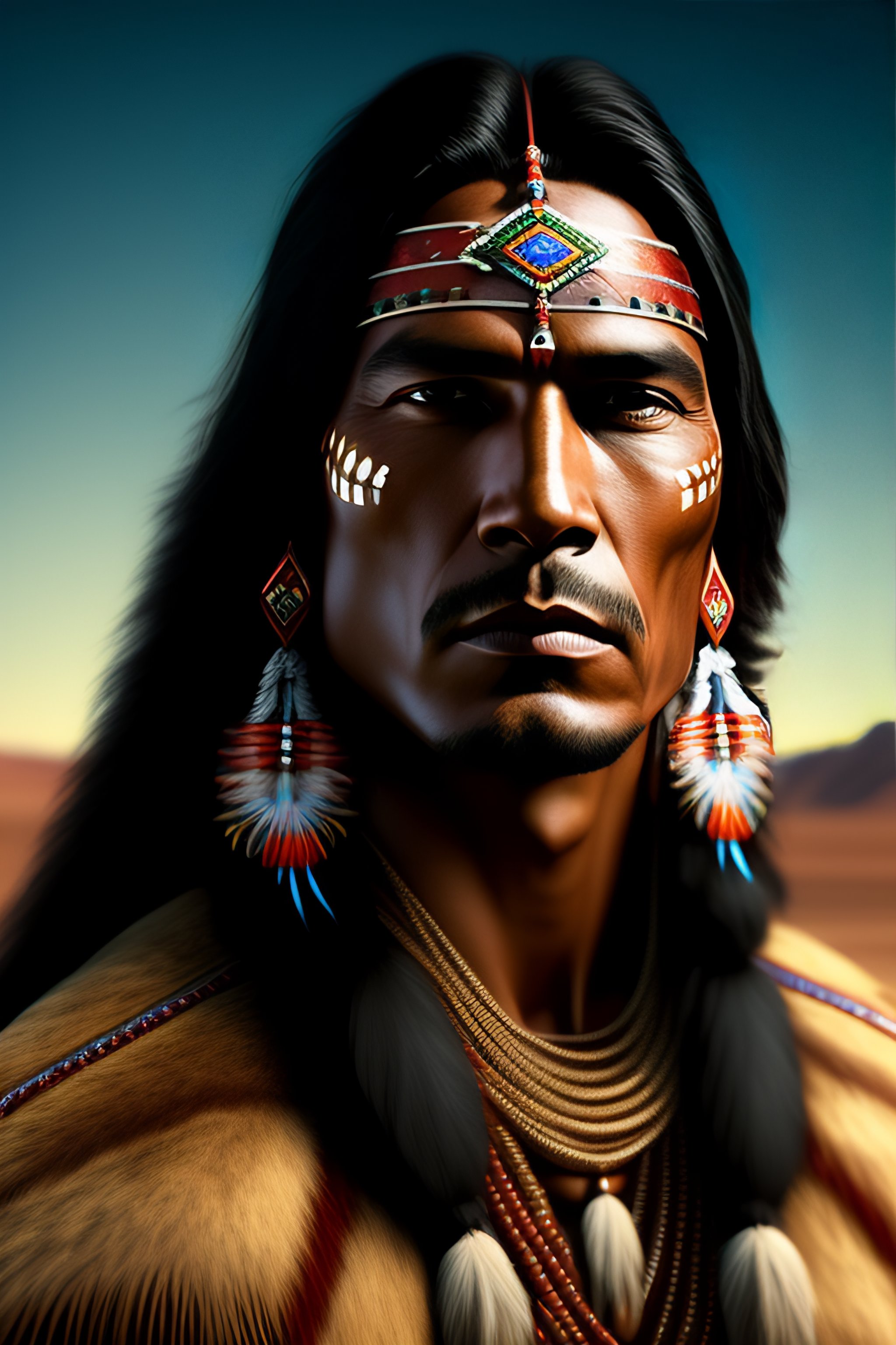 Lexica - Native american man portrait in 3d digital art with mustang ...