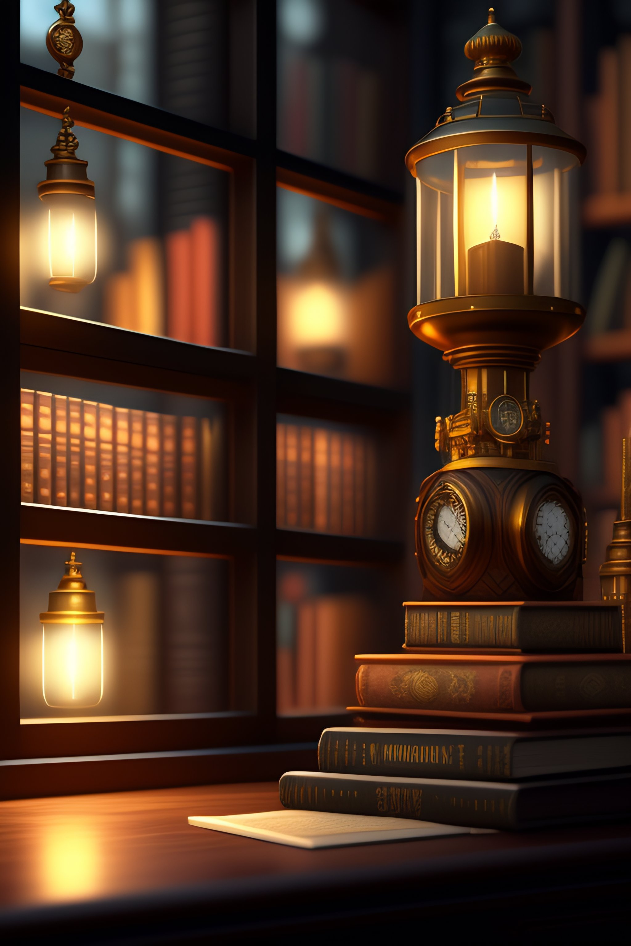 Lexica - Digital illustration of a steampunk library, Cluttered, full ...
