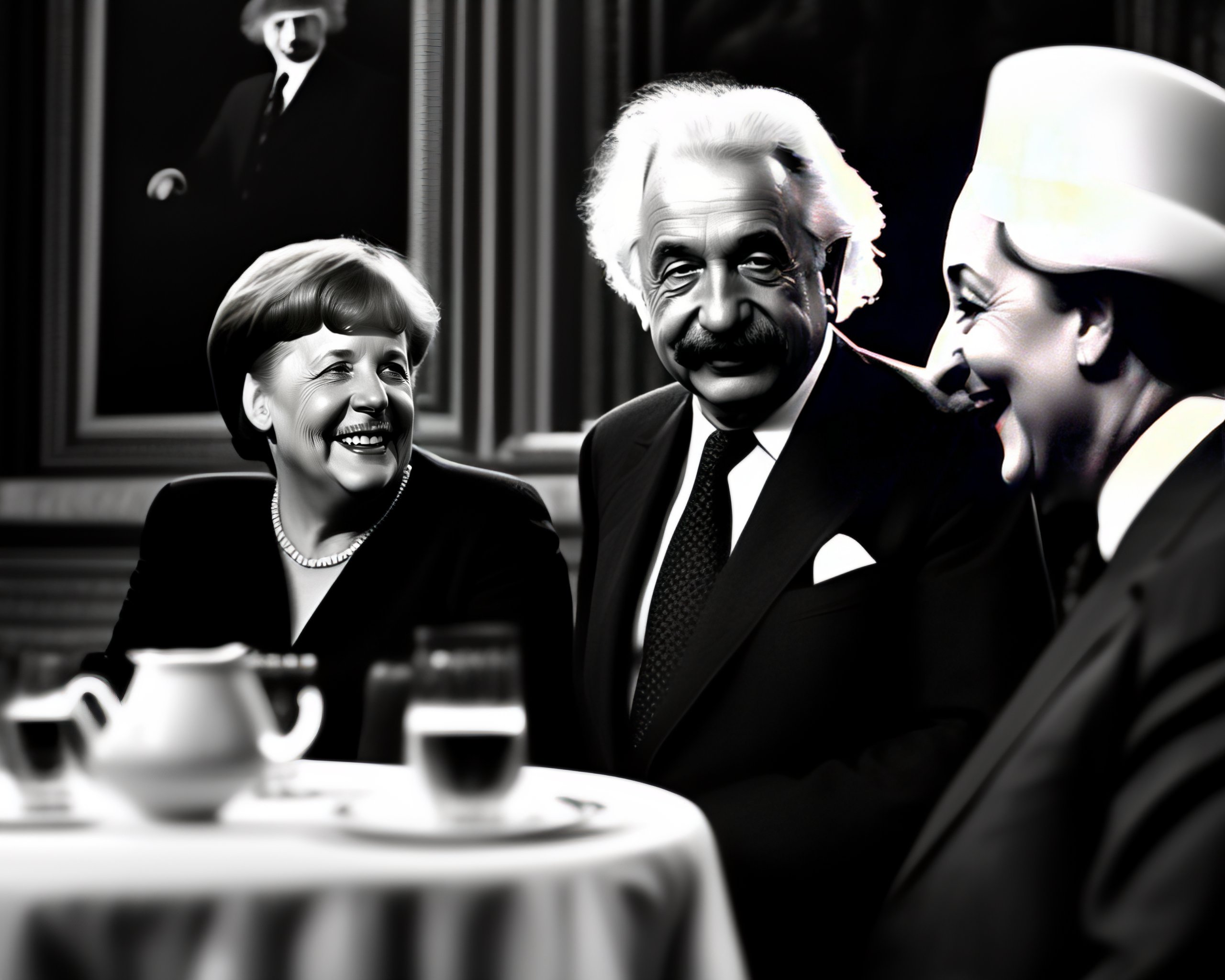 Lexica - Angela merkel and einstein in a room, laughing, tea on the table