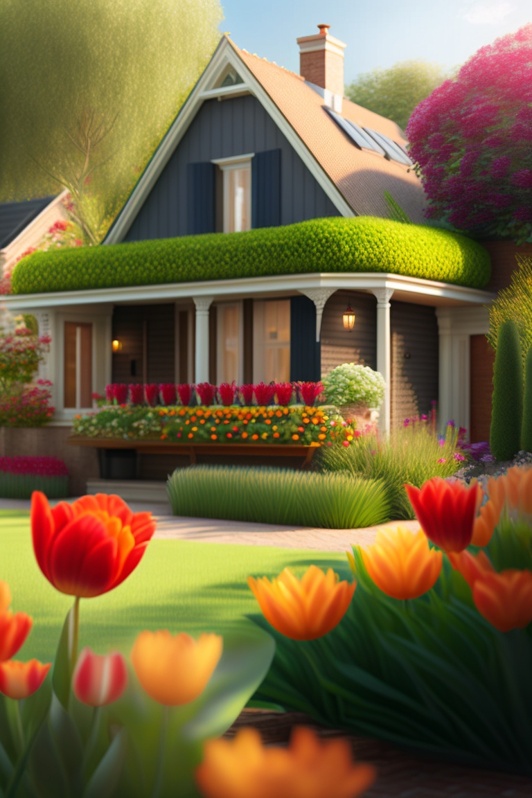Lexica - Beautiful, simple home with a green garden full of flowers and ...