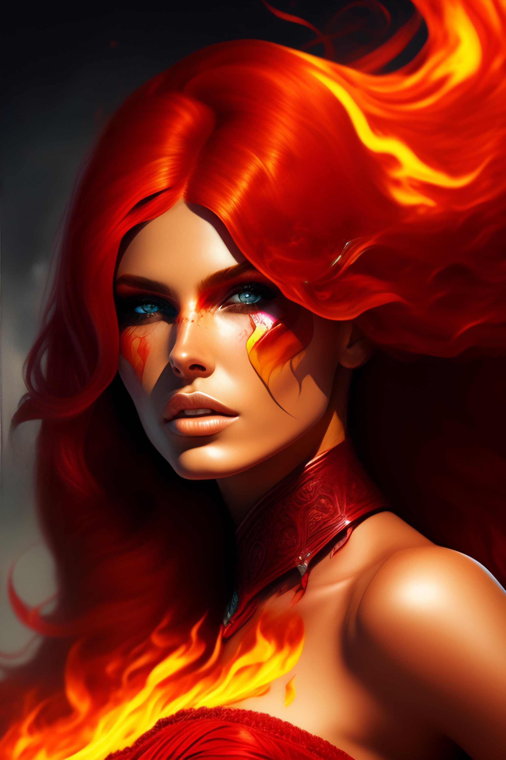 Lexica - Fiery redhed elemental woman beautifuly drawn