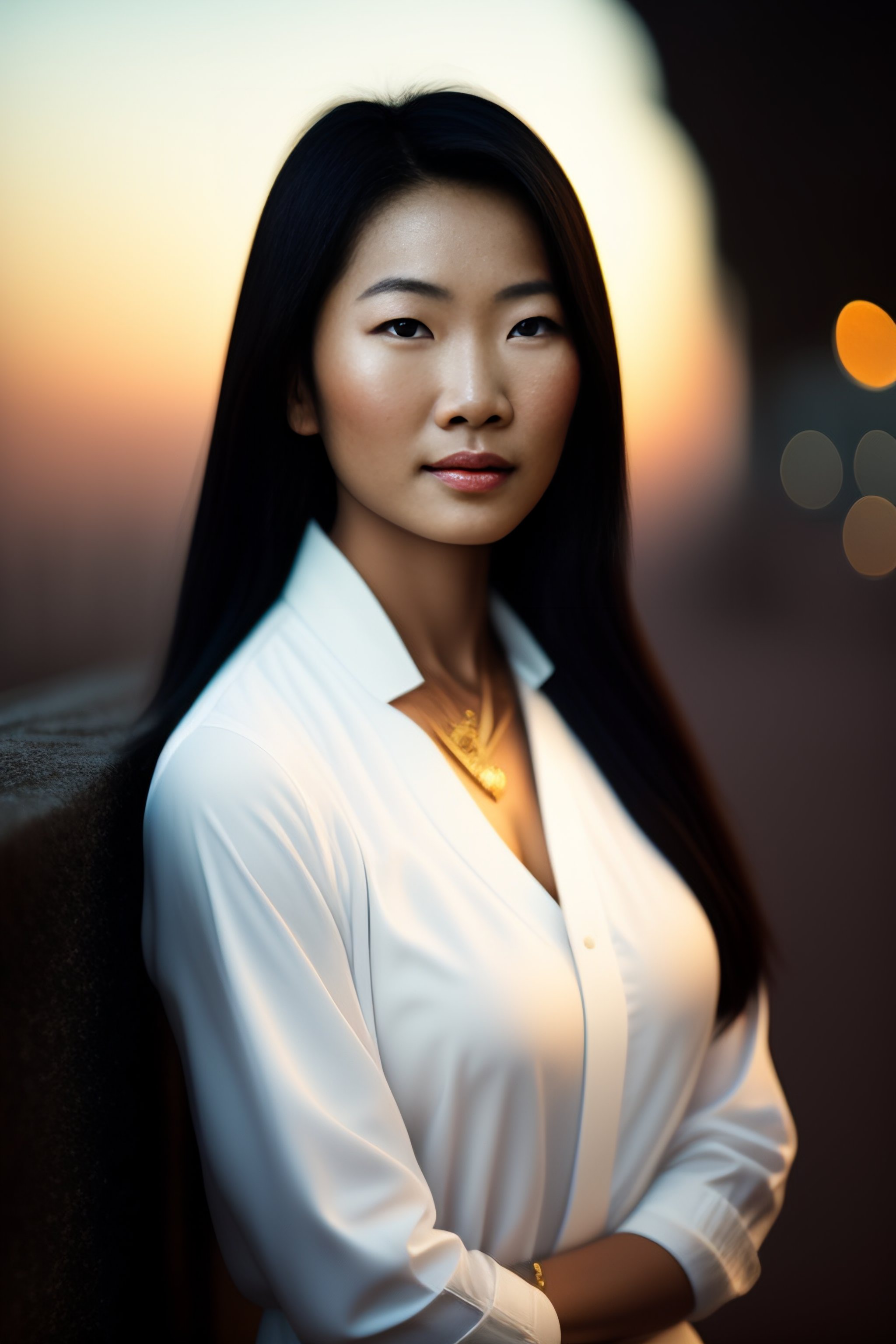 Lexica - Innocent Asian warrior female with white shirt sitting in the moonlight