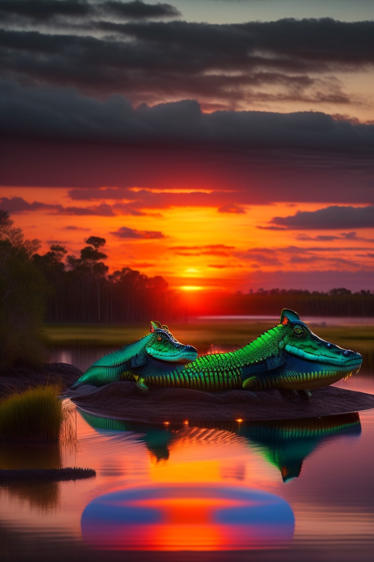 Lexica - A dramatic sunset scene at a swamp, with silhouettes of ...