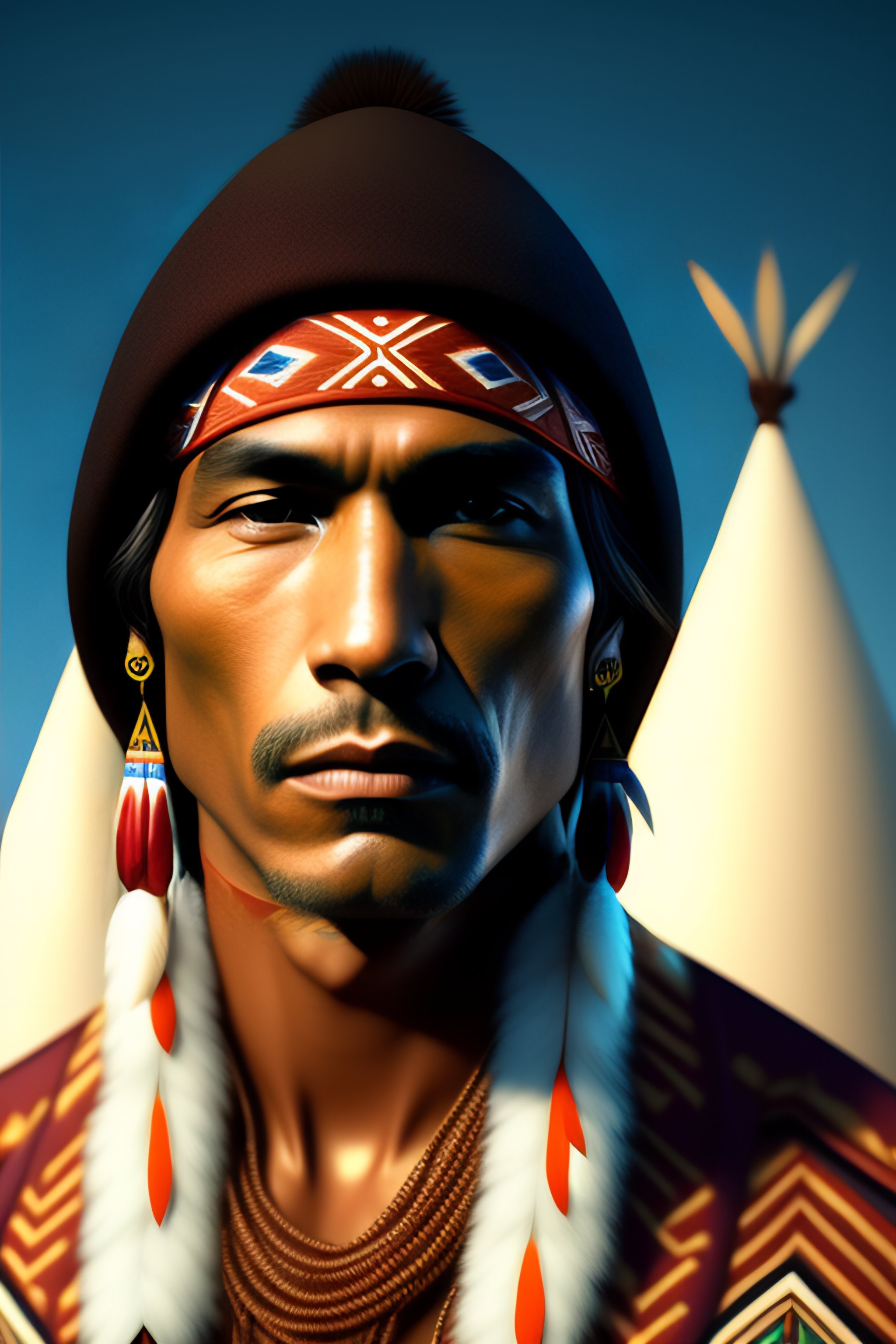 Lexica - Native american man portrait in 3d digital art with tents area ...