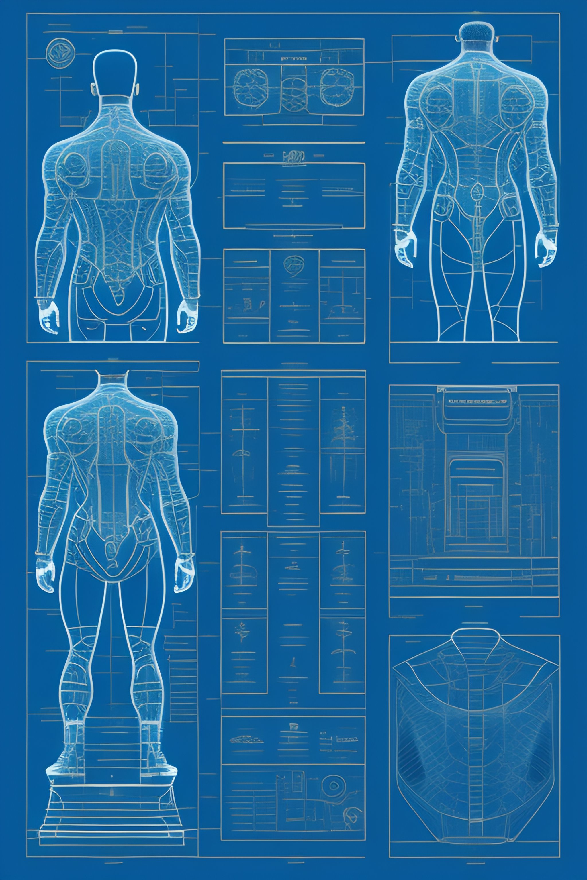 Lexica - Detailed schematics of a male cyborg, Venetian man, blueprints ...