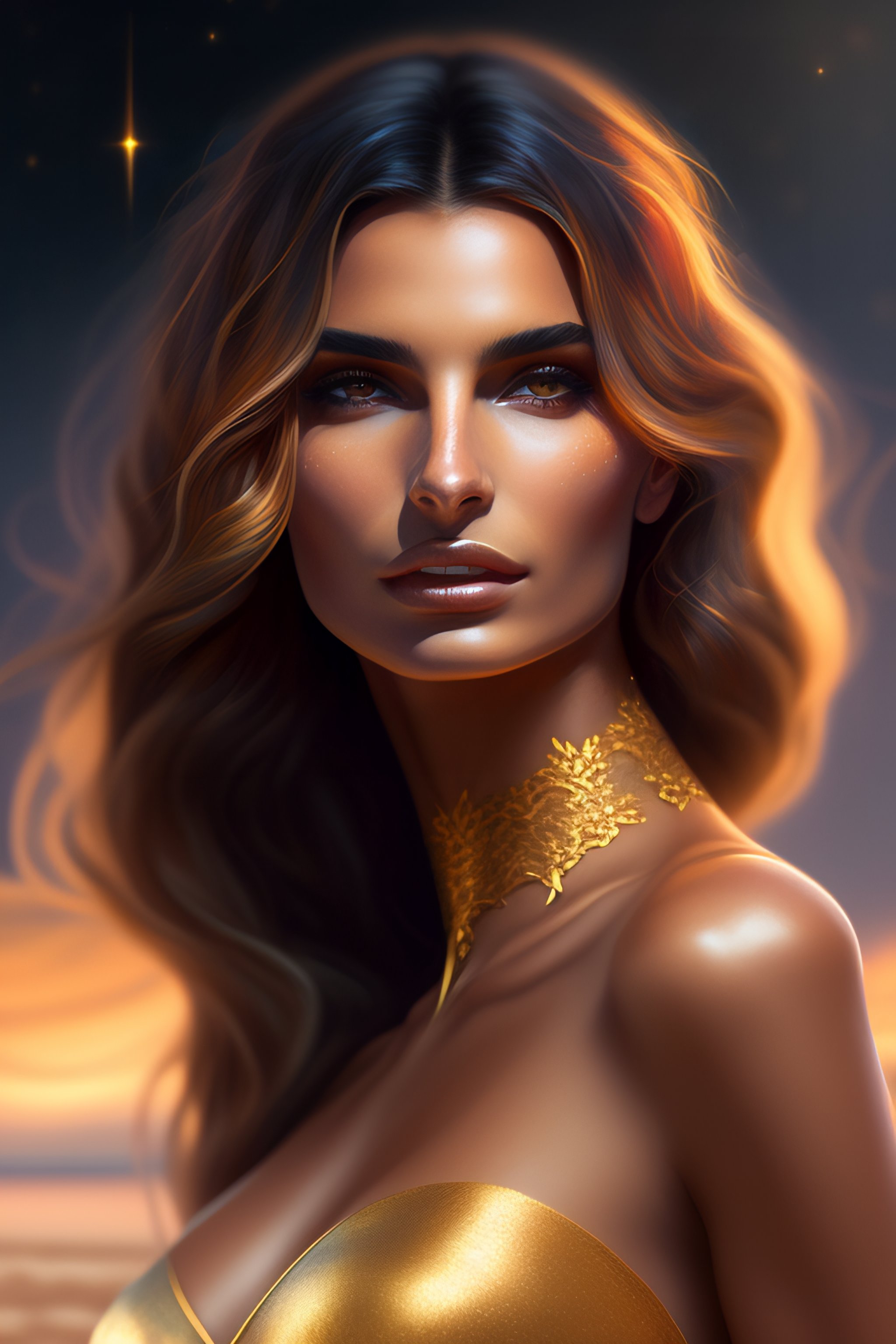 Lexica - A beautiful cinematic female sand goddess, emily ratajkowski, golden dress, glow golden ...
