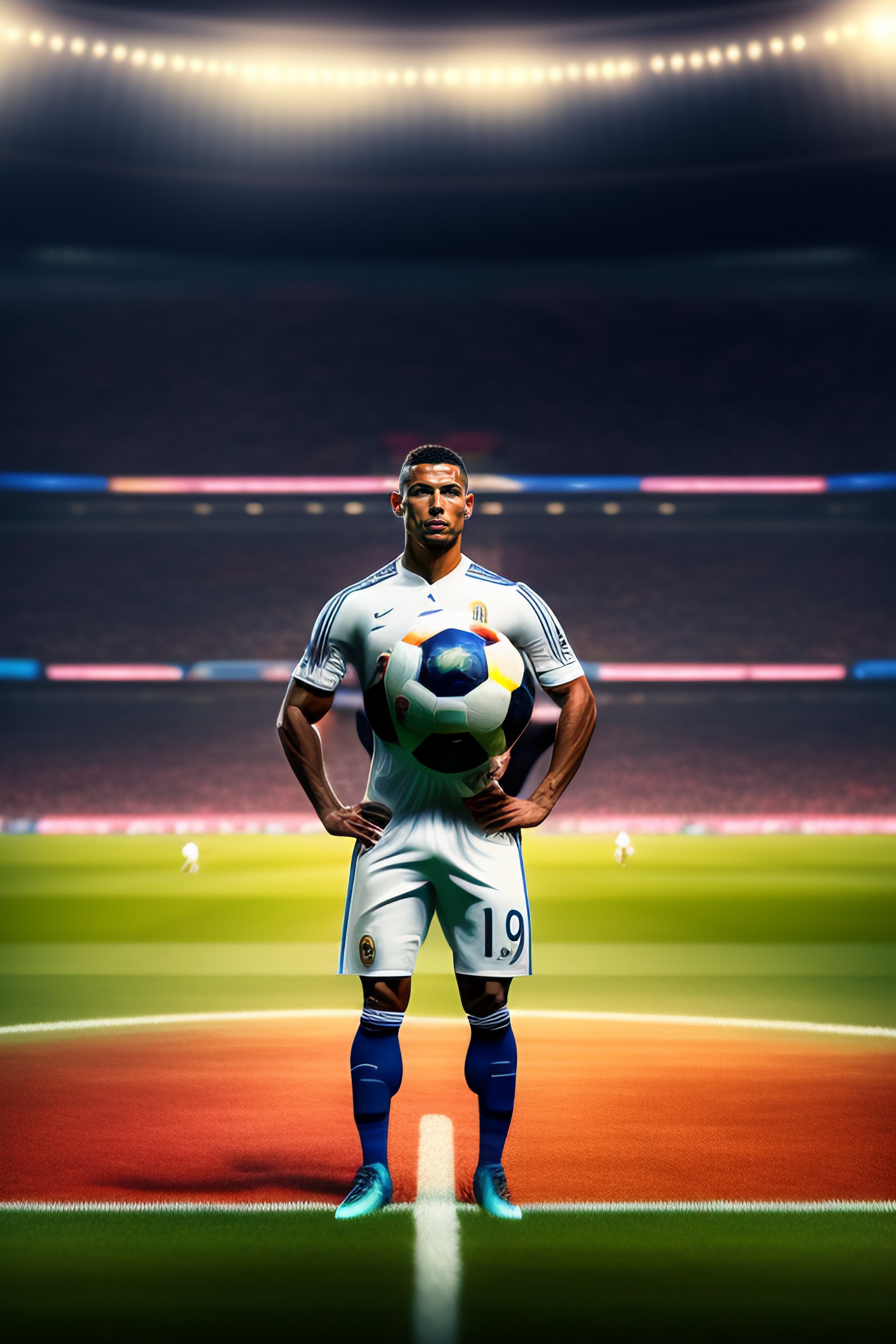 Lexica - 8k shot of C-Ronaldo, standing with the ball, facing the ...