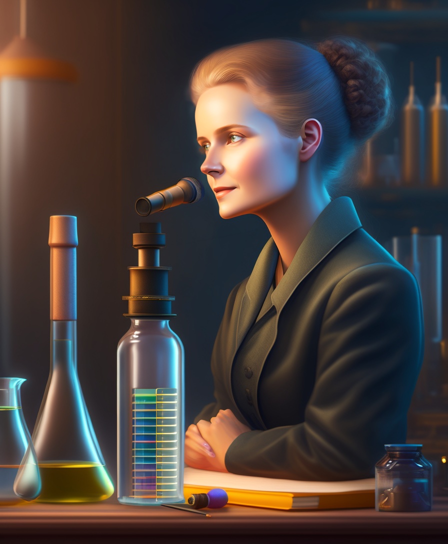 Lexica - Marie Curie portrait, laboratory equipment, test tubes, microscope