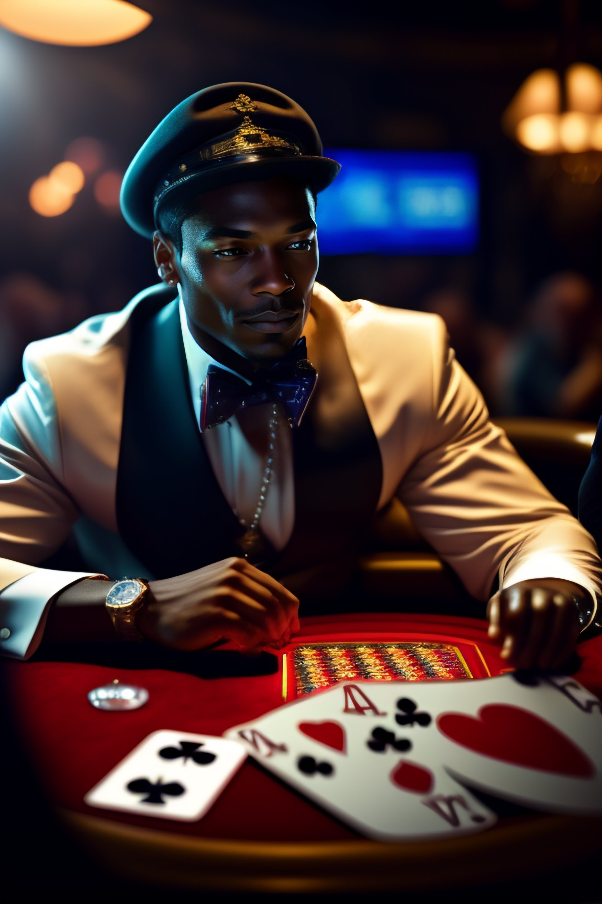 Lexica - Card dealer cyborg At a poker table frontview royalist style