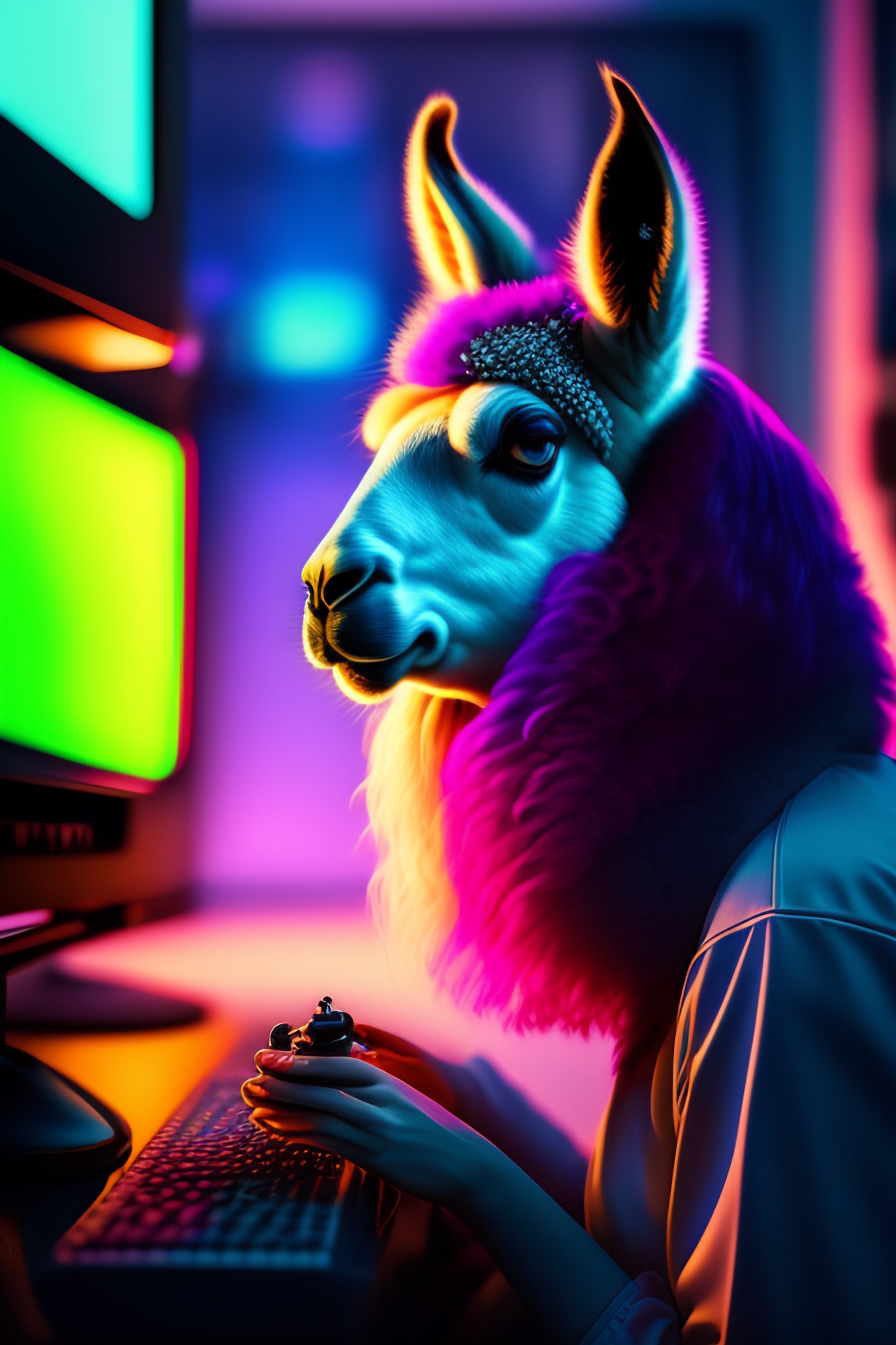 Lexica - Lady, llama playing video games in a room with neon, gaming pc ...