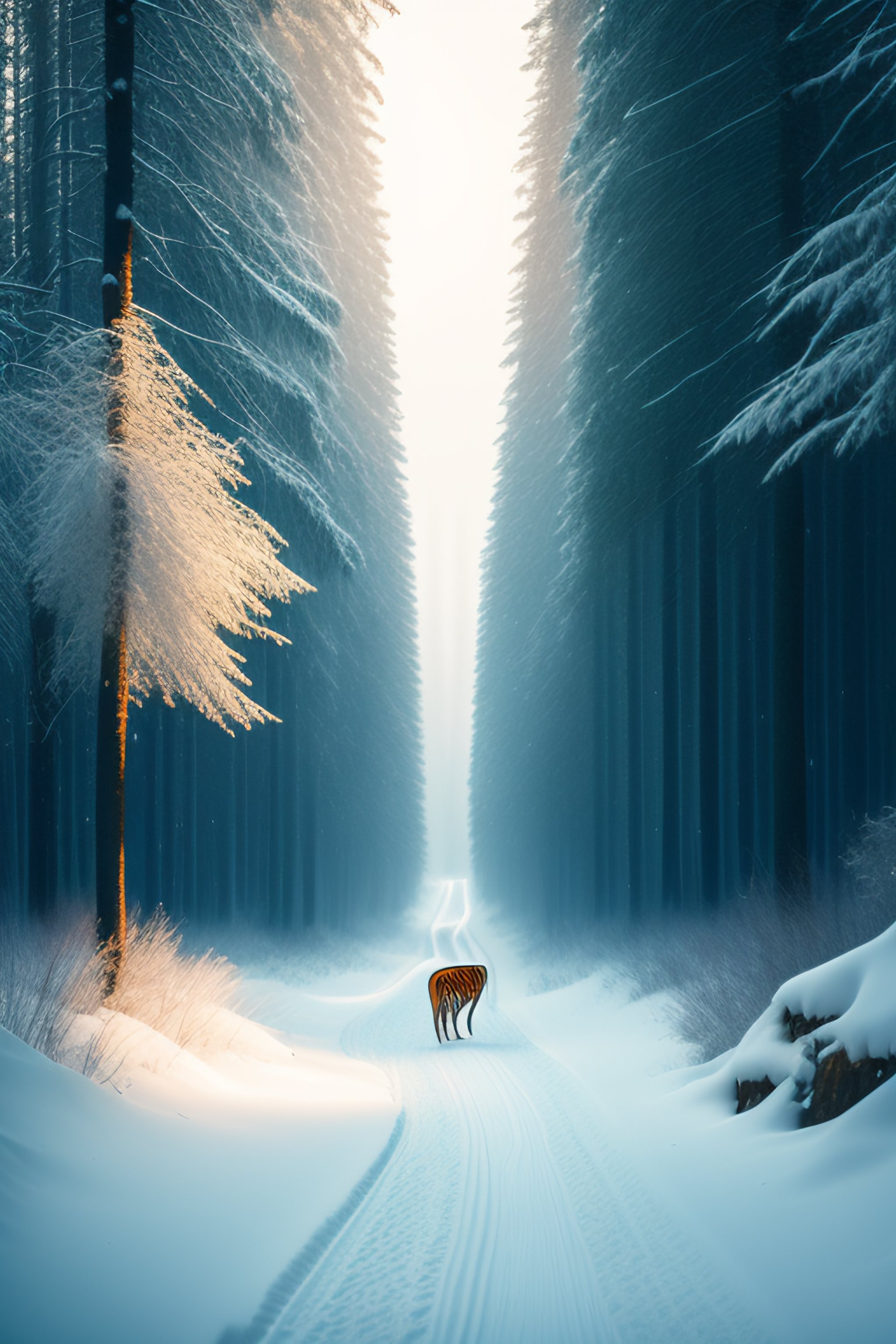 Lexica - Snow Road in wild forest with tiger