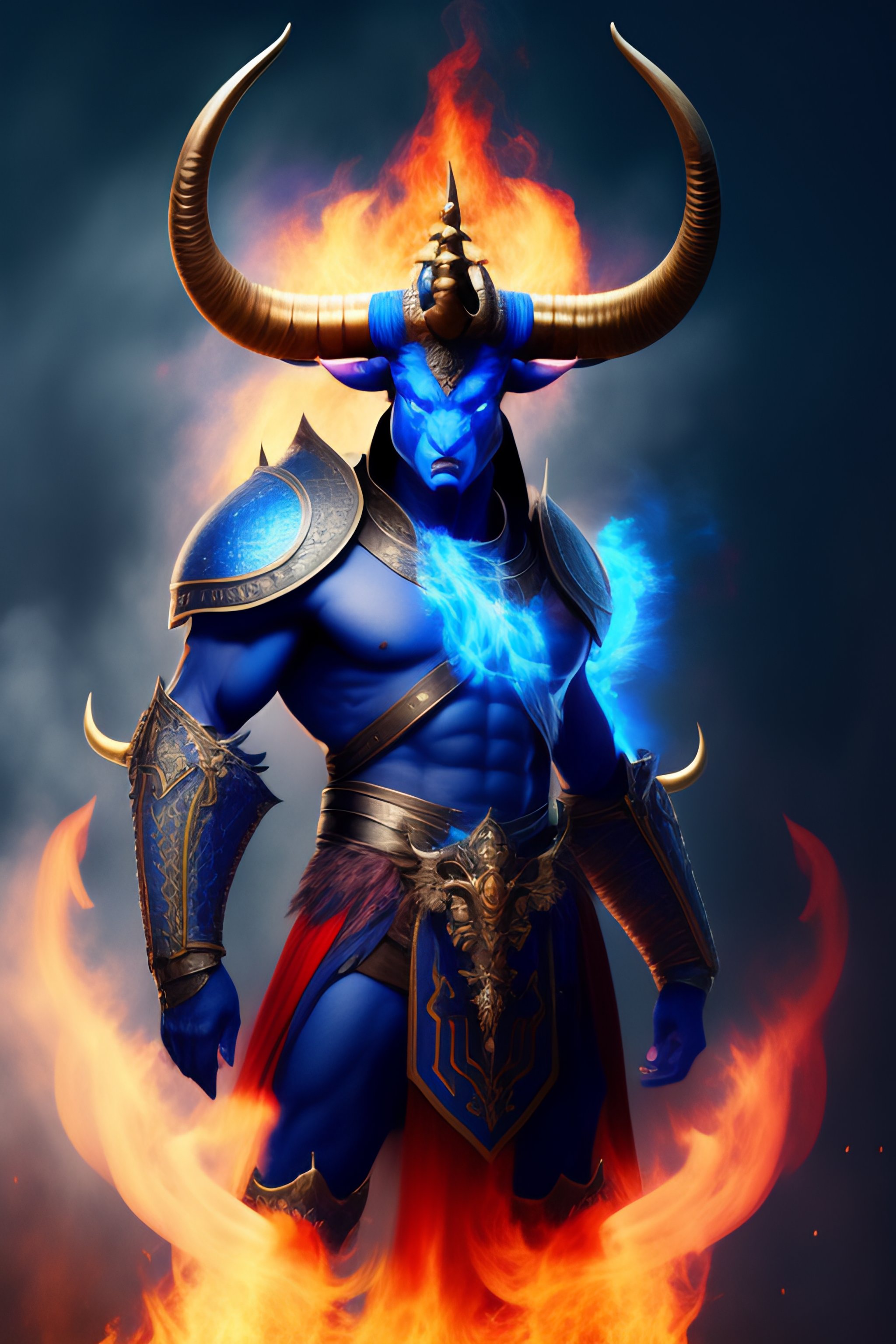 Lexica - Devil with bull big horns in armor in blue flame