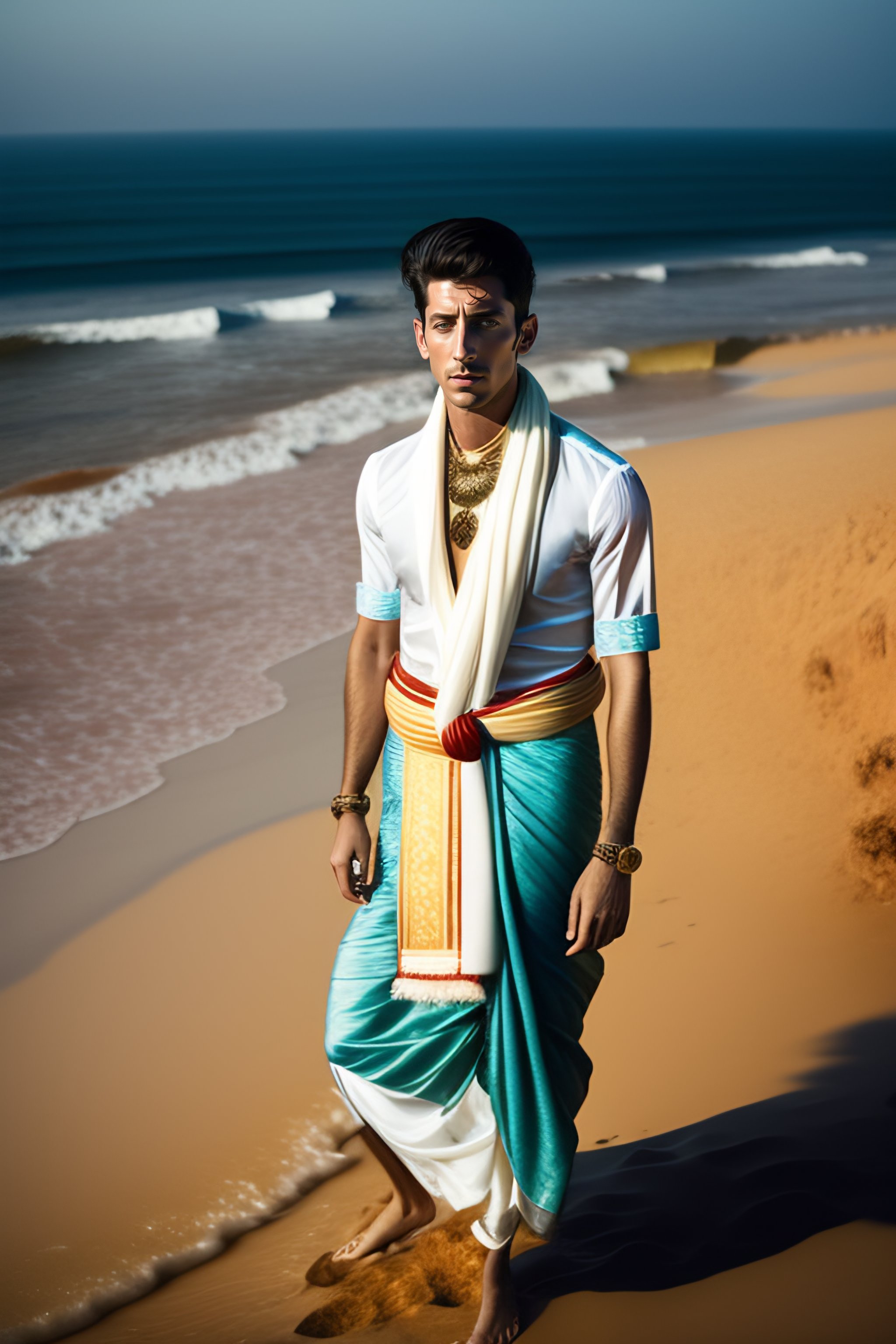 Lexica - A photo of Alex Turner wearing a lungi, karela beach in india ...