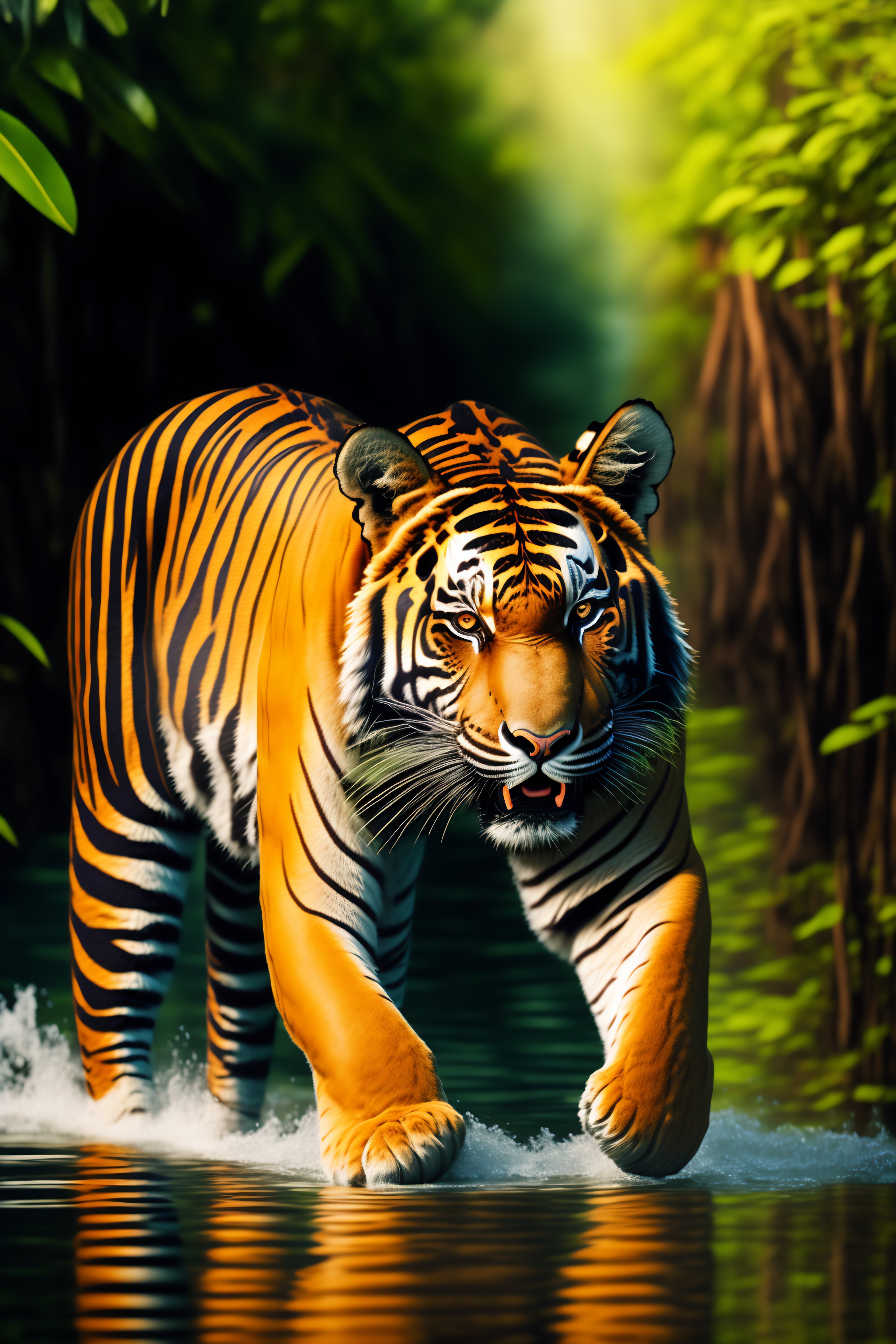 Lexica - A full body of an angry tiger waking in the mangrove forest ...