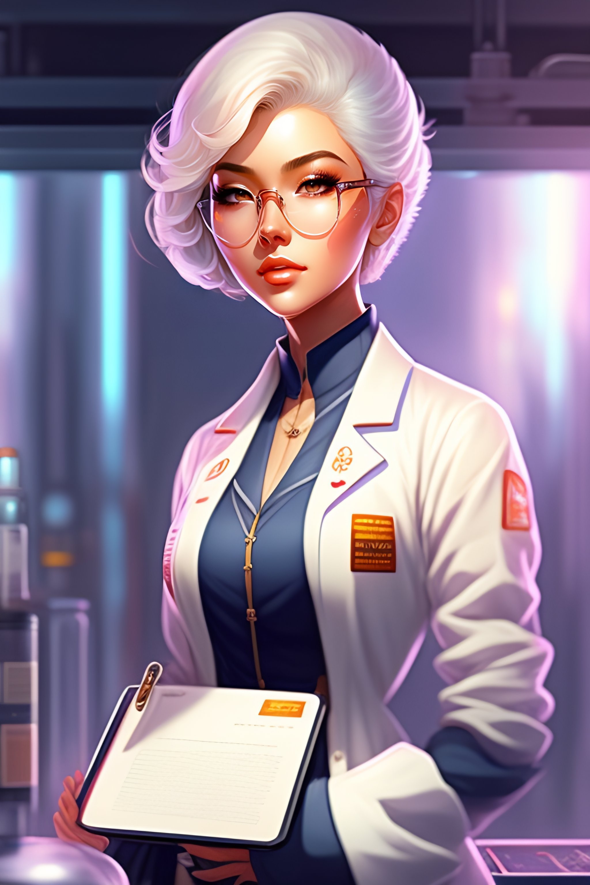 Lexica - Beautiful anime girl with short white hair, wearing lab coat ...