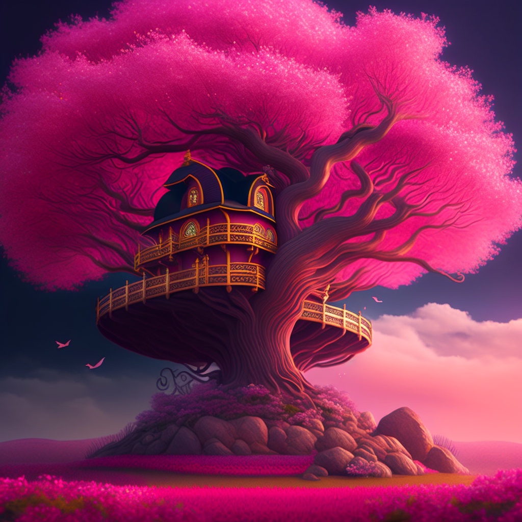 Lexica - Beautiful ornate treehouse in a gigantic pink cherry blossom ...