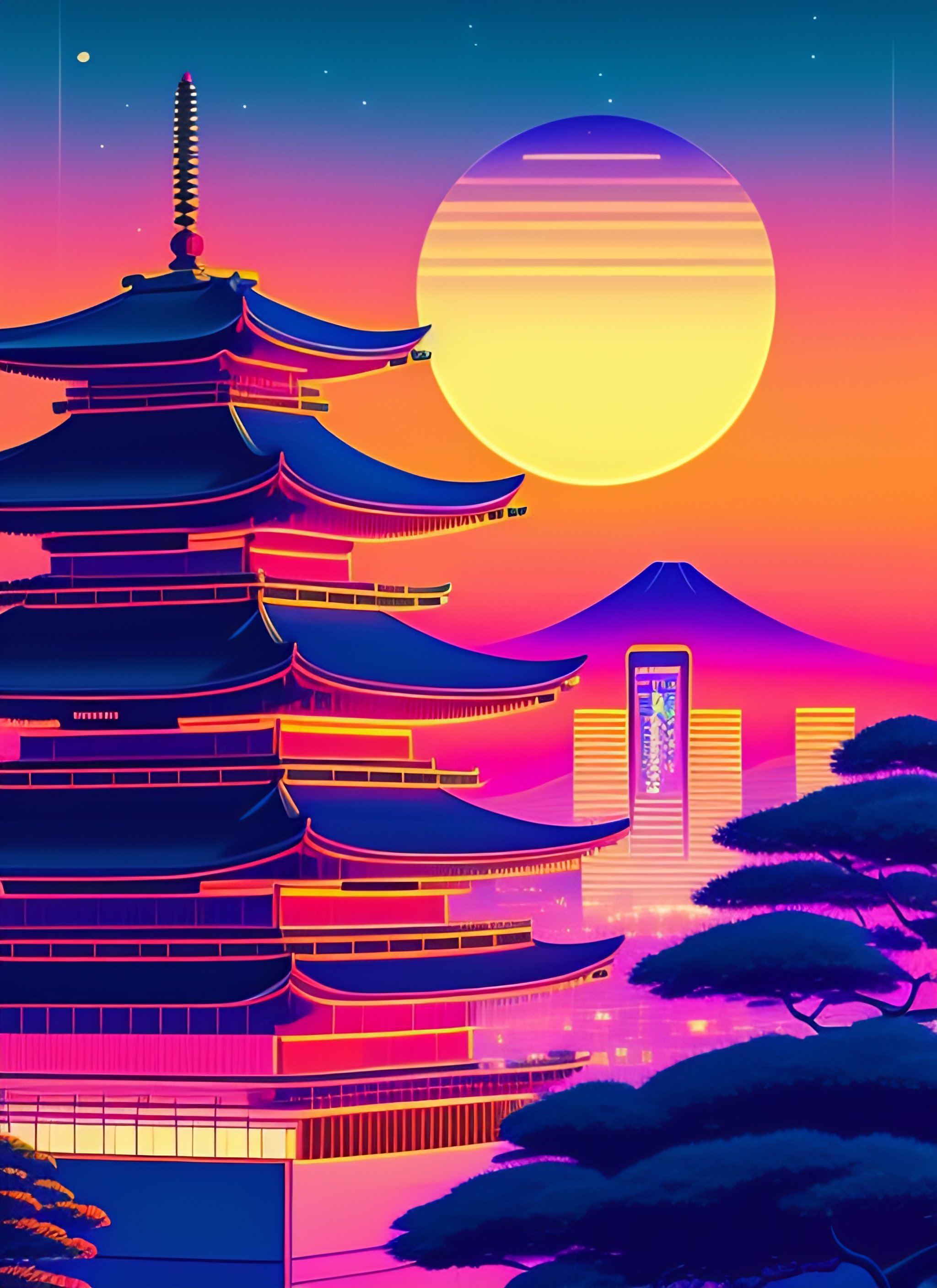 Lexica - Synthwave japanese town with moon background, sharp focus,
