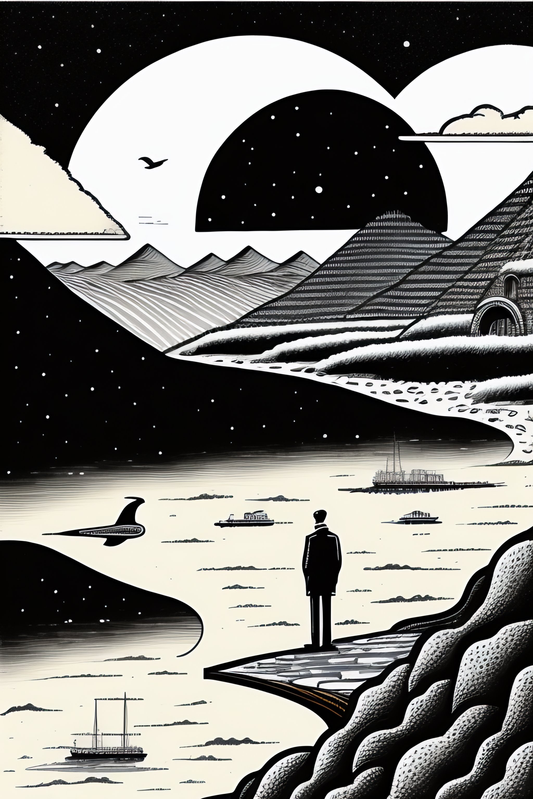 Lexica - A alone man. pen and ink ,birds eye view, illustrated by hergé ...