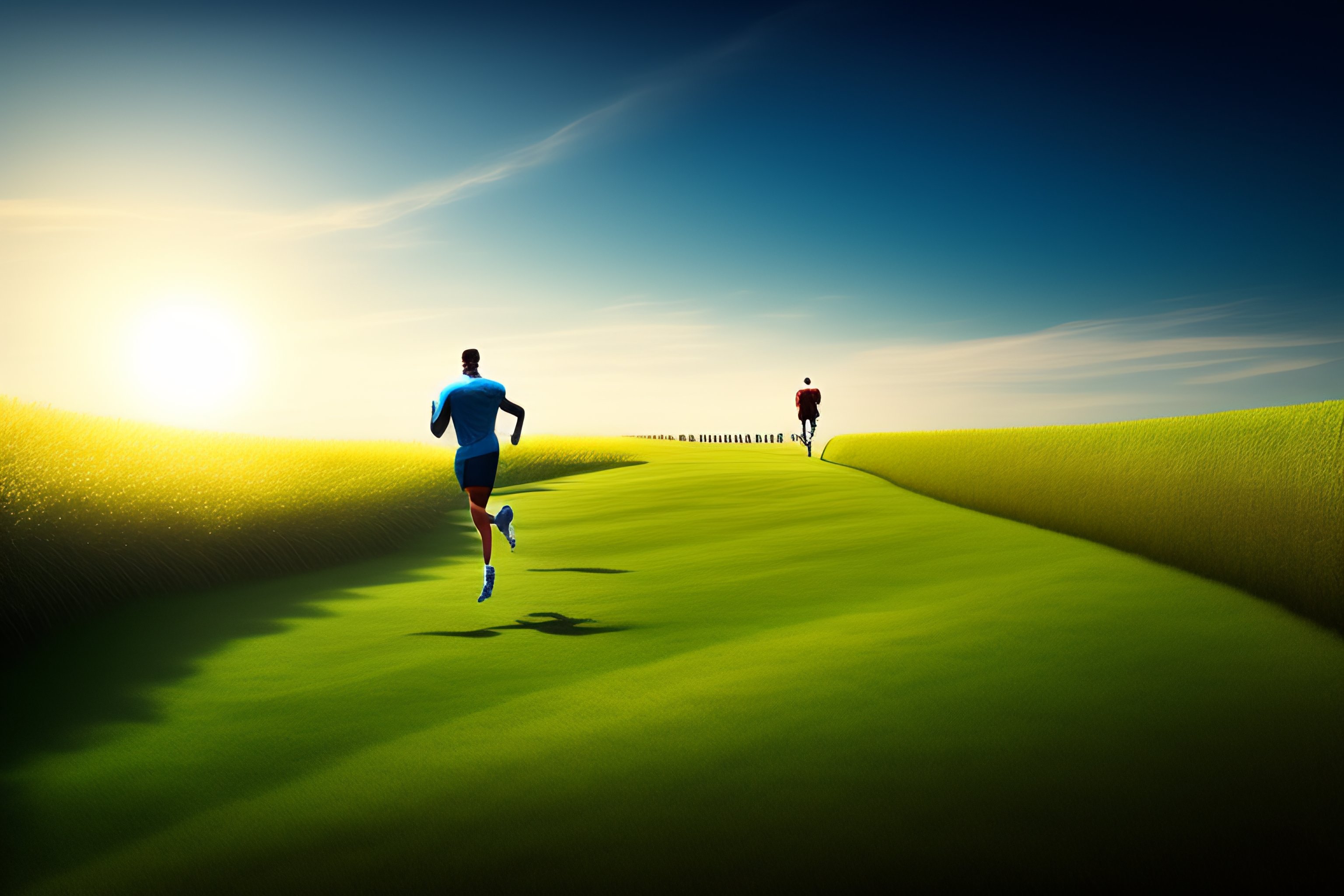 Lexica - A lot of men and women running, front view, grass ground, sun ...