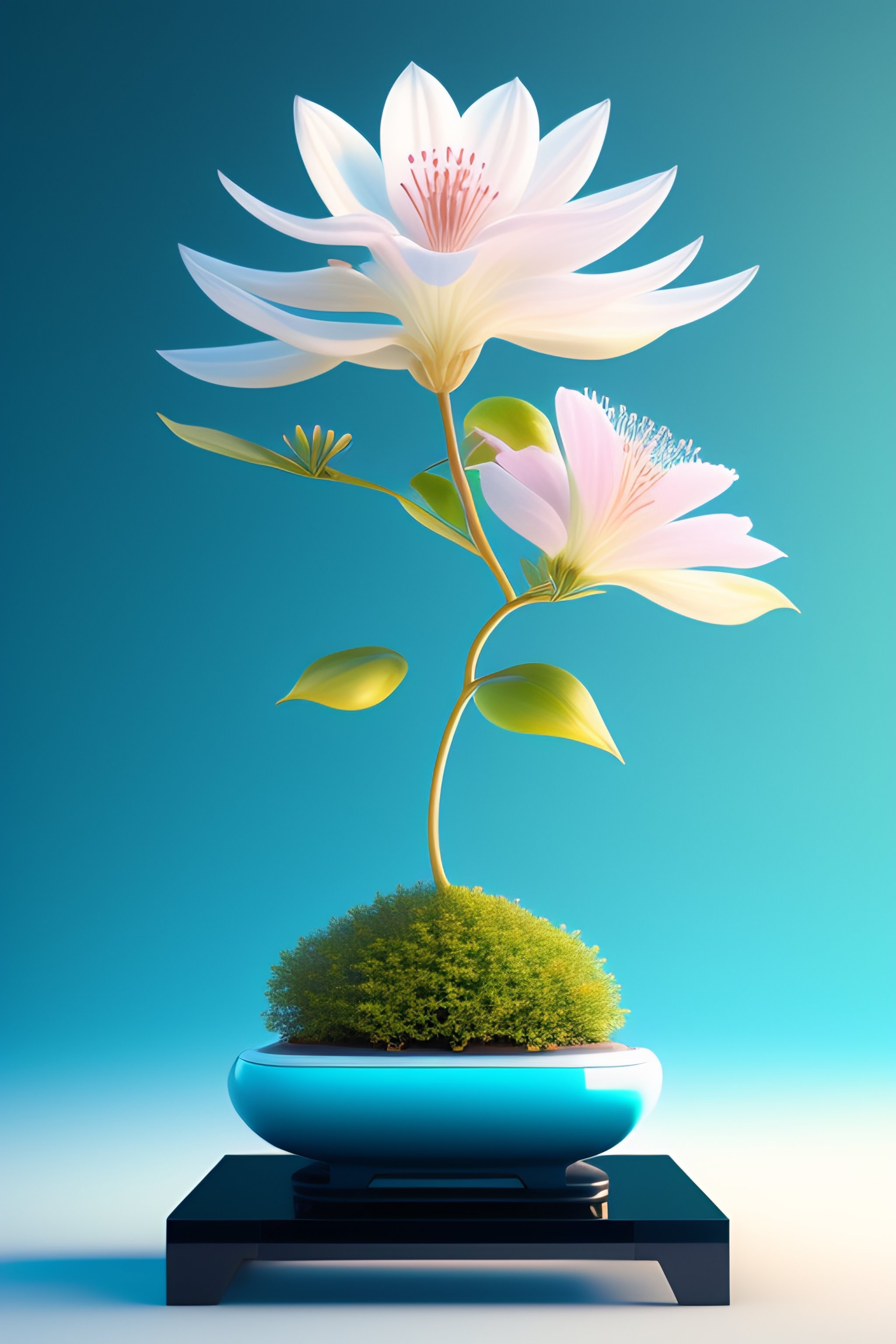Lexica - A single flower, white and aqua blue bonsai lily, cool color ...