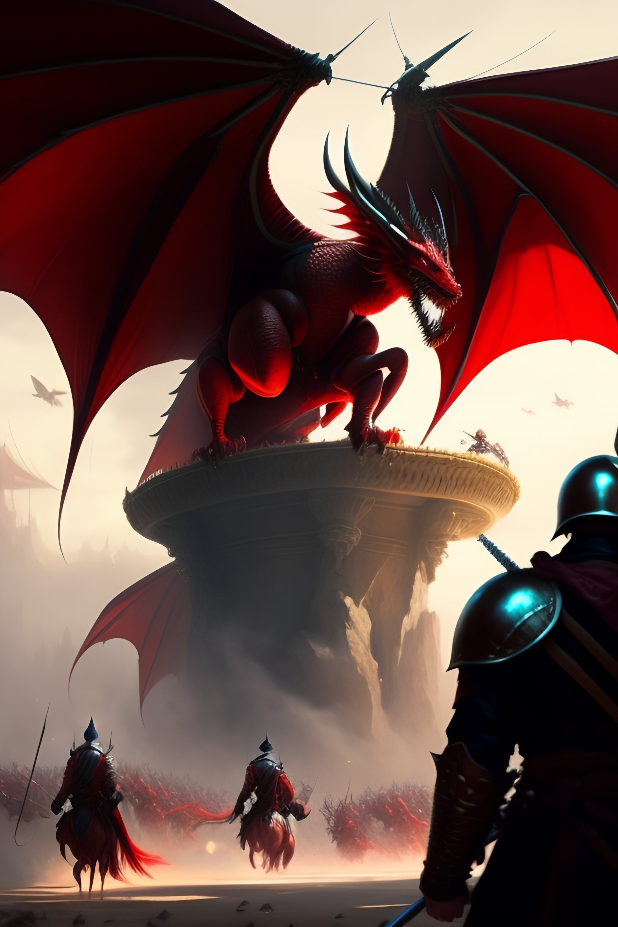 Lexica - A red dragon landing on fleeing medieval infantry, by greg ...