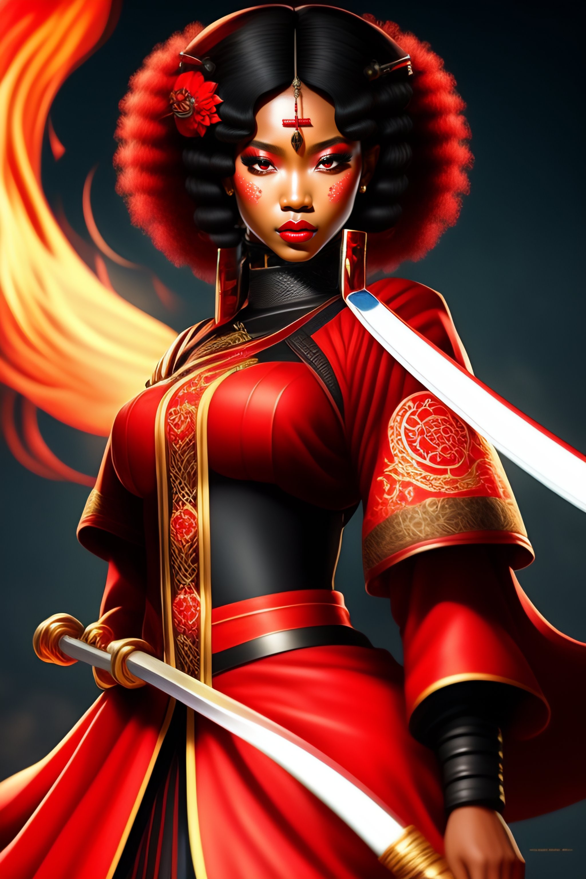 Lexica - Afro samourai girl with japanese embroidered dress ,red lips ...