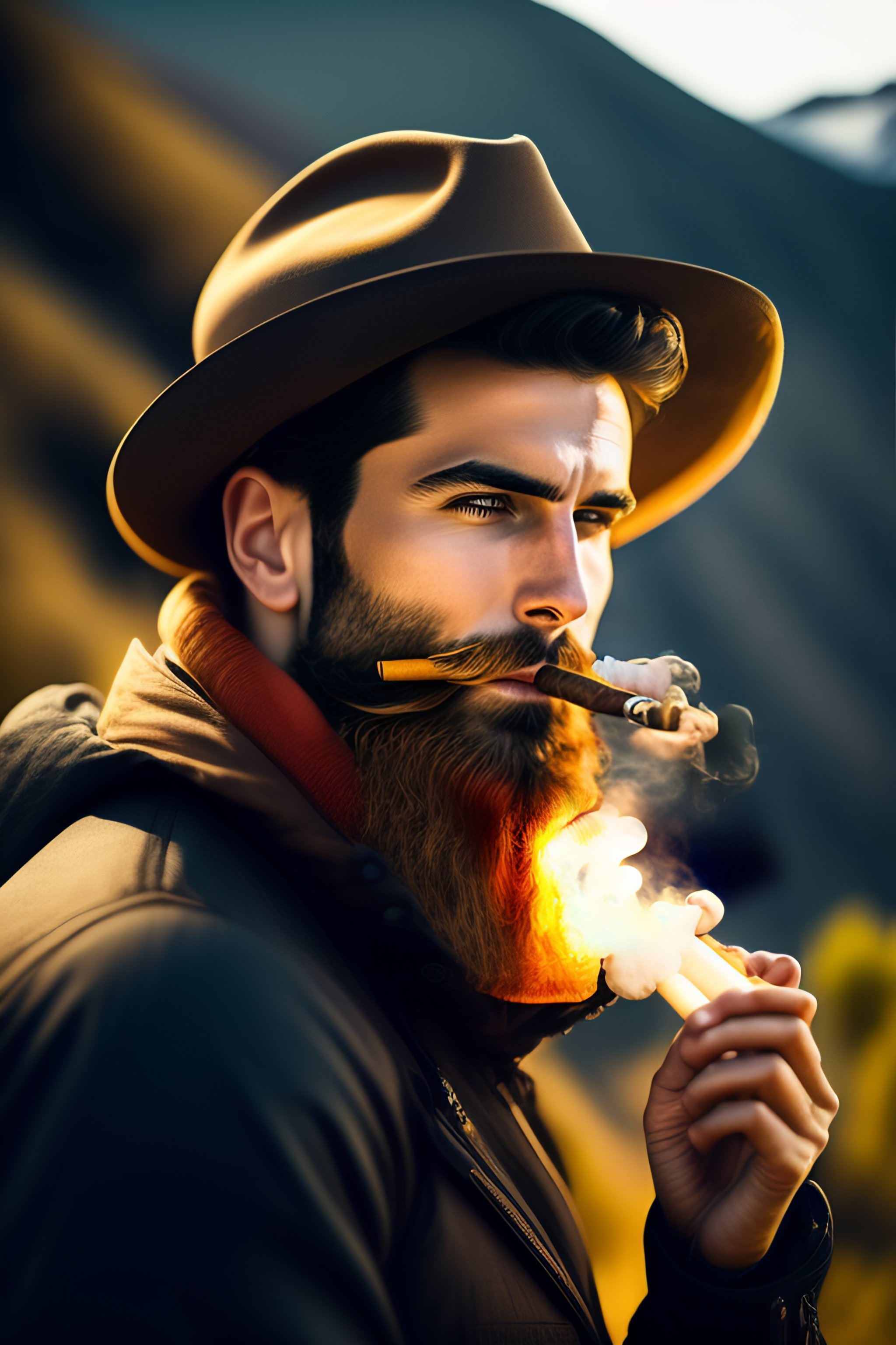 Lexica - Guy with a beard smoking cuban cigaretes on the mountain