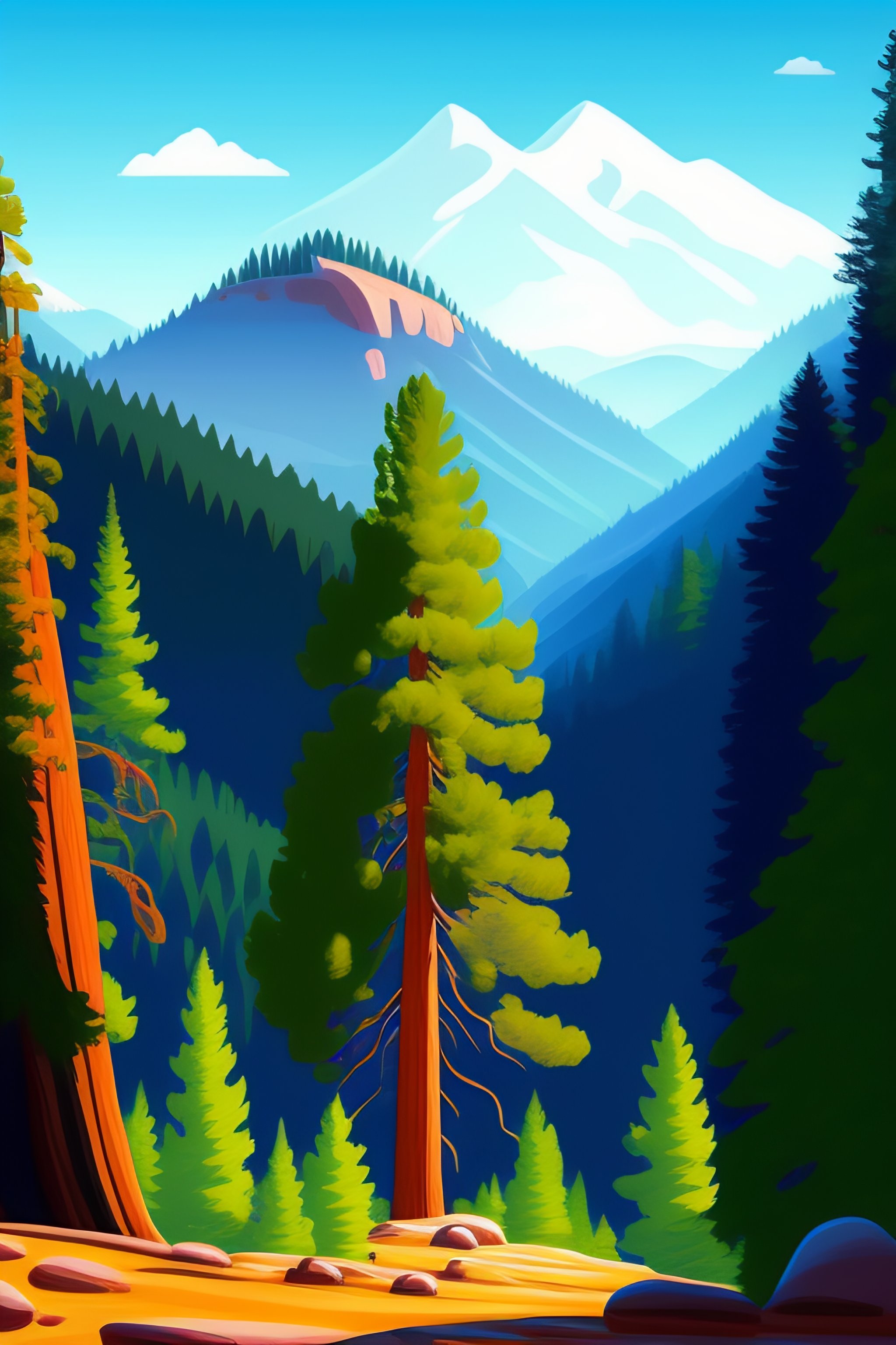 Lexica - Sequoia tree national park background, cartoon illustration style