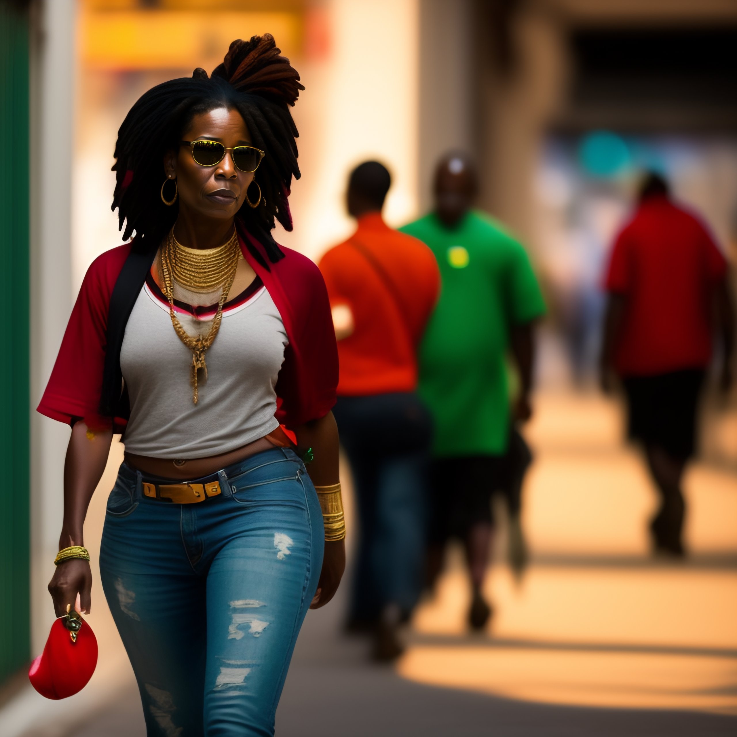 Lexica - Black rasta woman in a TSHIRT, walking away with her hand held ...