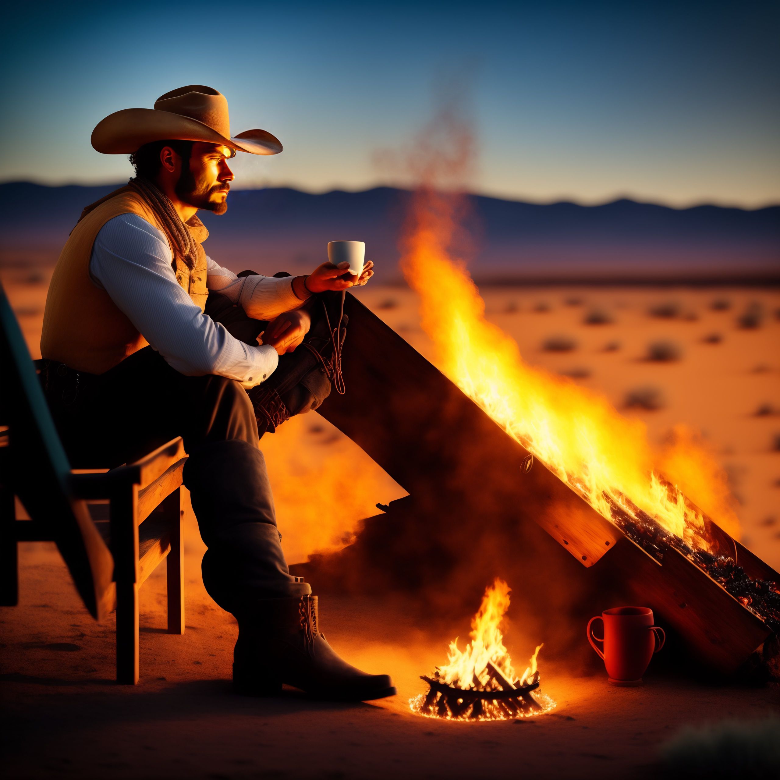 Lexica - Cowboy resting at fire drinking coffee