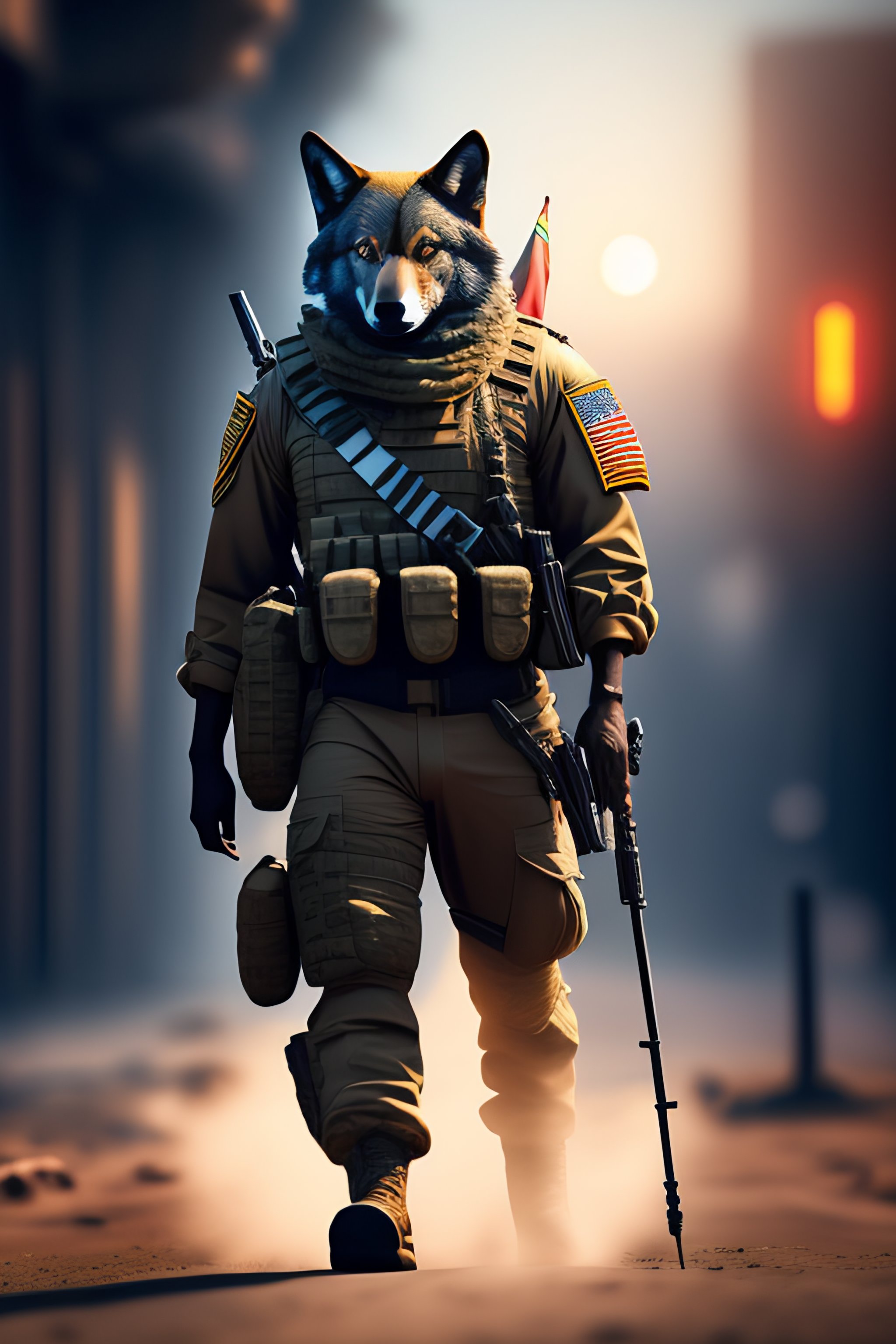 Lexica - A military wolf with a machine gun walking holding flag of ...